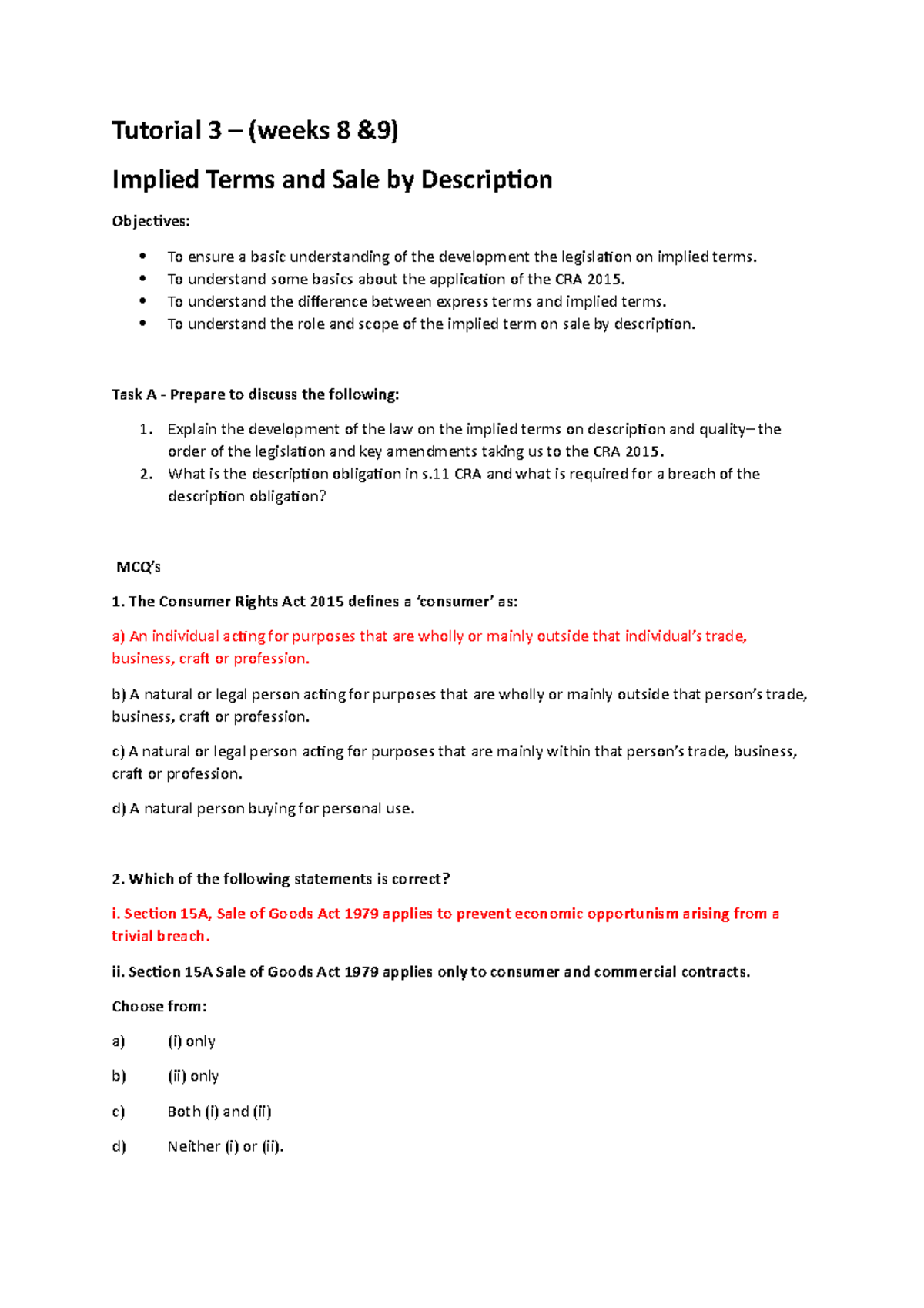 Tutorial Week 3 - Tutorial 3 – (weeks 8 &9) Implied Terms and Sale by ...