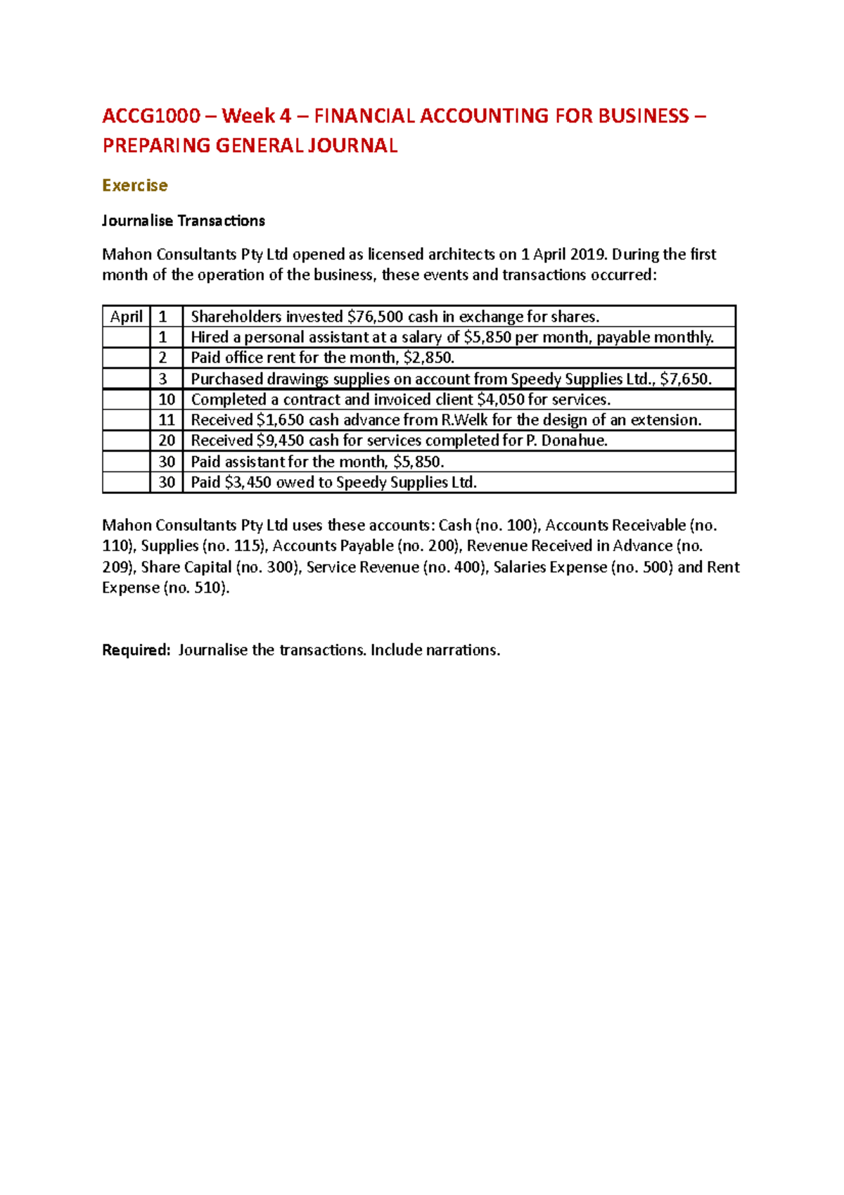 Week 4 Lecture Exercise - ACCG1000 – Week 4 – FINANCIAL ACCOUNTING FOR BUSINESS – PREPARING ...