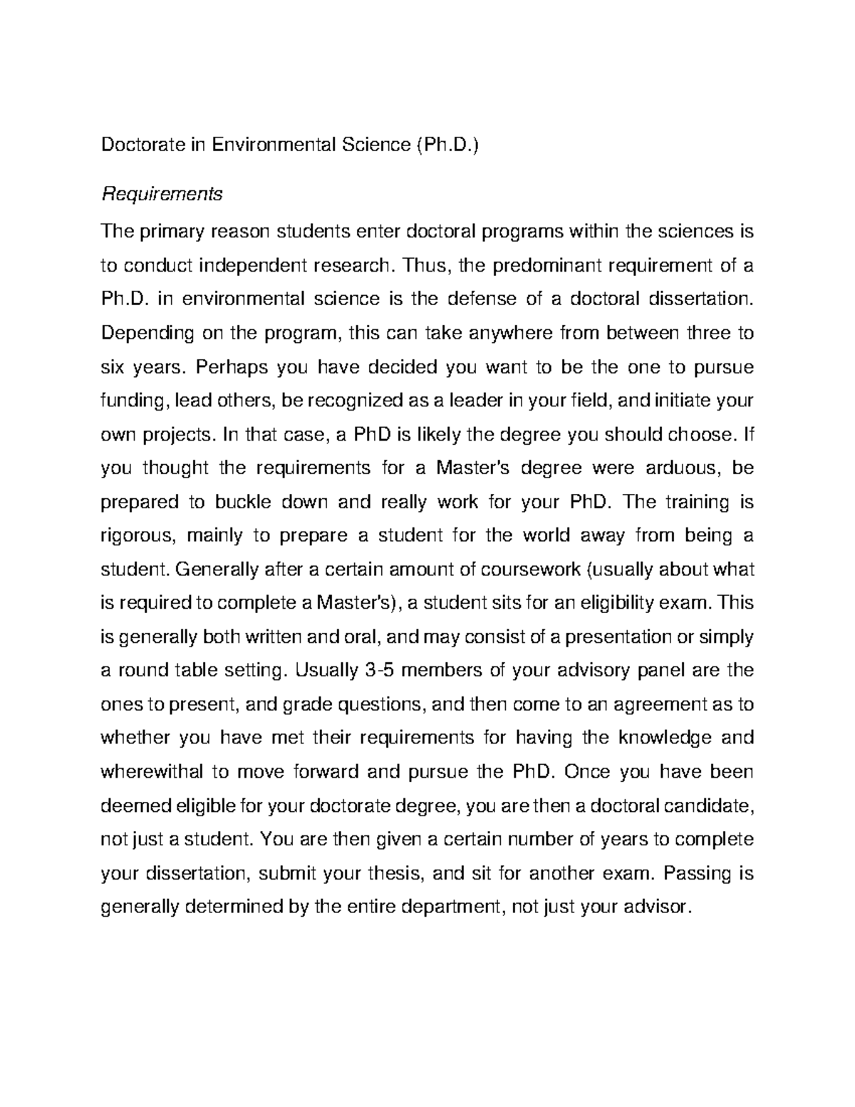 Doctorate in Environmental Science - ) Requirements The primary reason ...