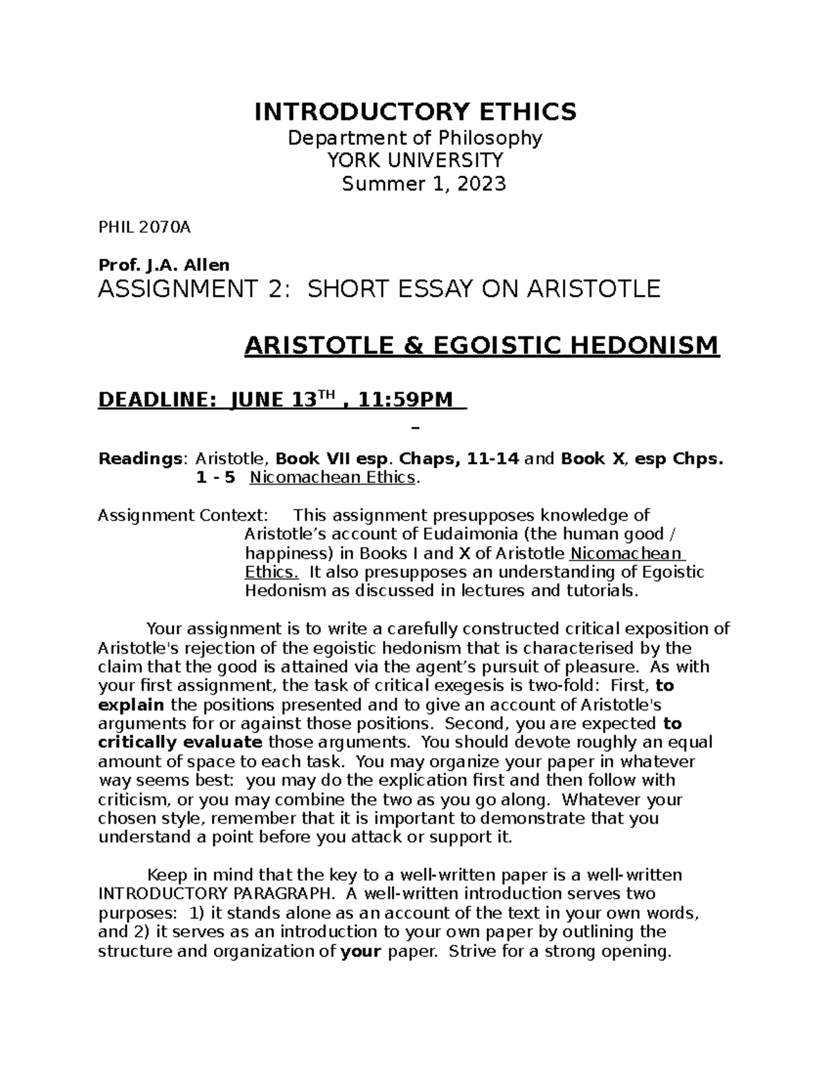 Aristotle Paper - Good - PHIL1000 - Yorku - Studocu