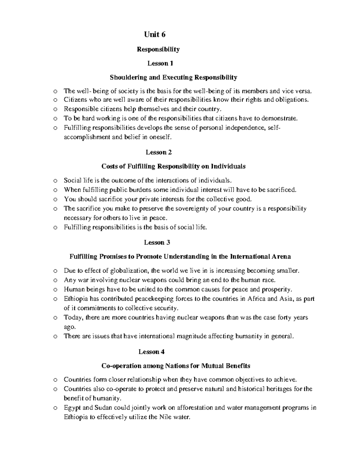 Civics Short Note for Grade 12=By Kassahun - Unit 6 Responsibility ...