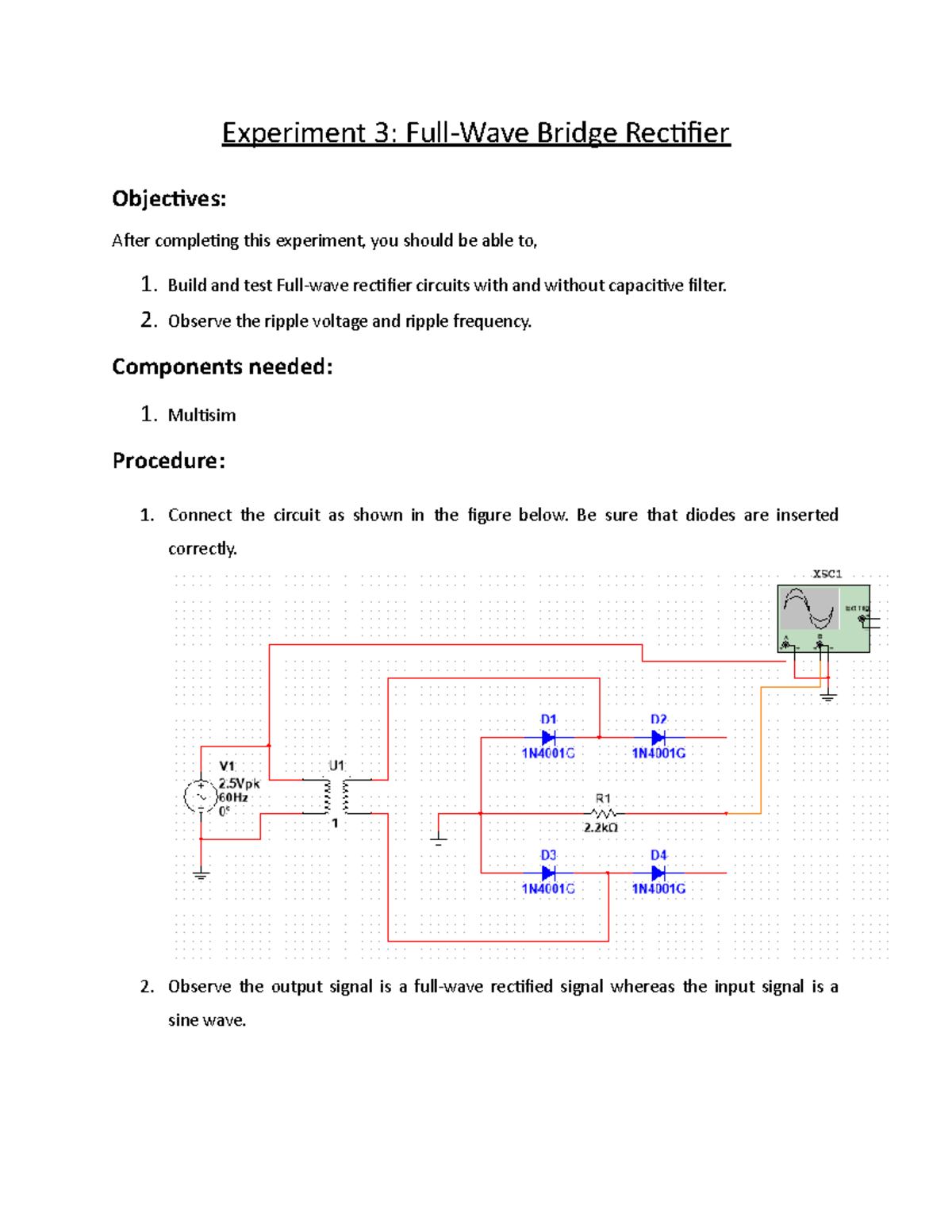 Week2 Lab 3 Full Wave Rectfiers-OL - Experiment 3: Full-Wave Bridge ...