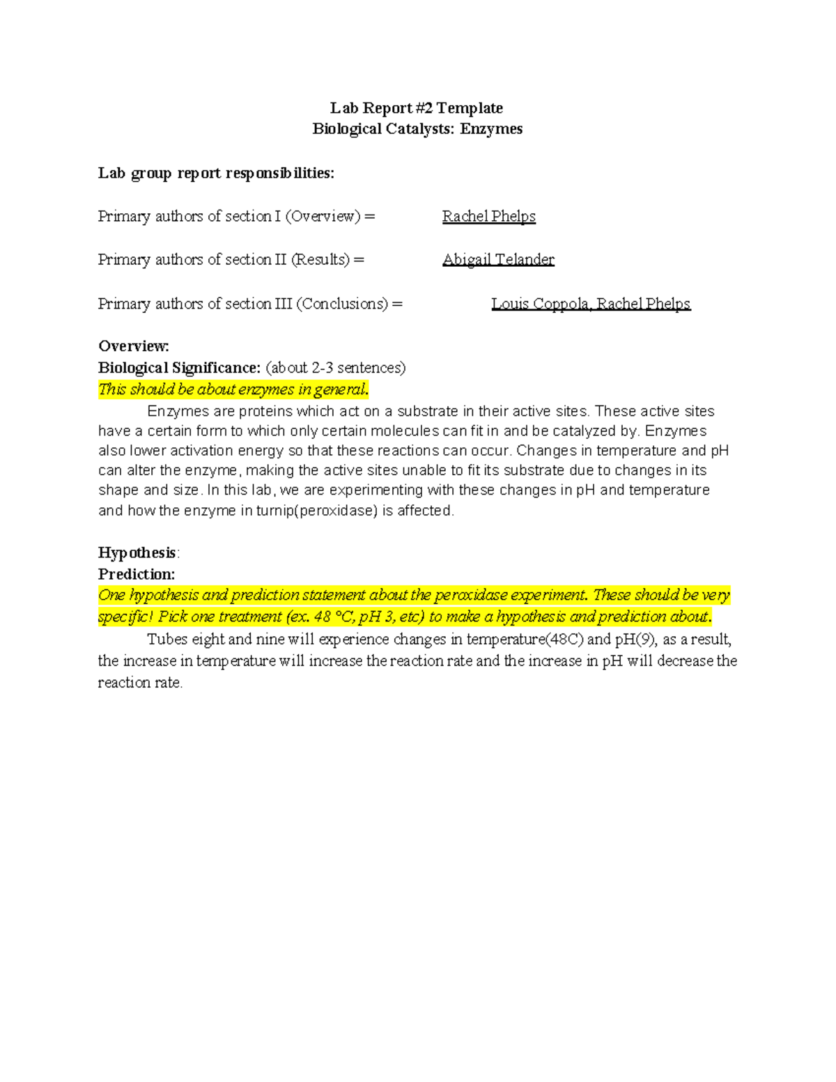 Lab Report #2 - lab info - Lab Report #2 Template Biological Catalysts ...