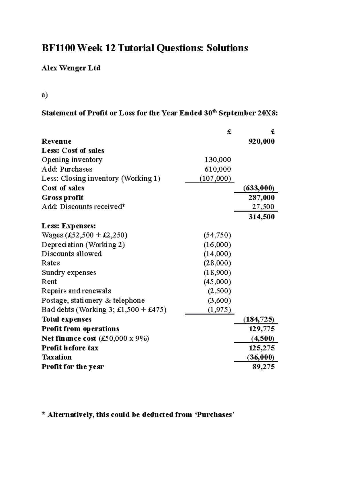 Week 12 Tutorial Solutions Final - BF1100 Week 12 Tutorial Questions: Solutions Alex Wenger Ltd ...