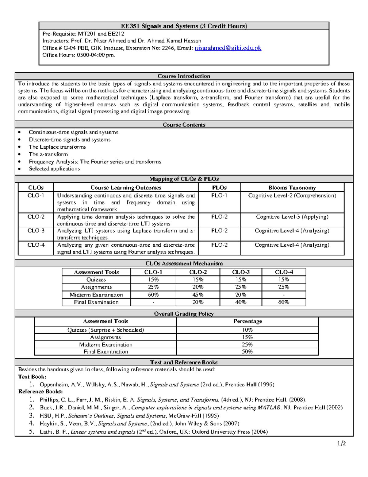 Outline EE351 2021 - EE351 Signals and Systems (3 Credit Hours) Pre ...