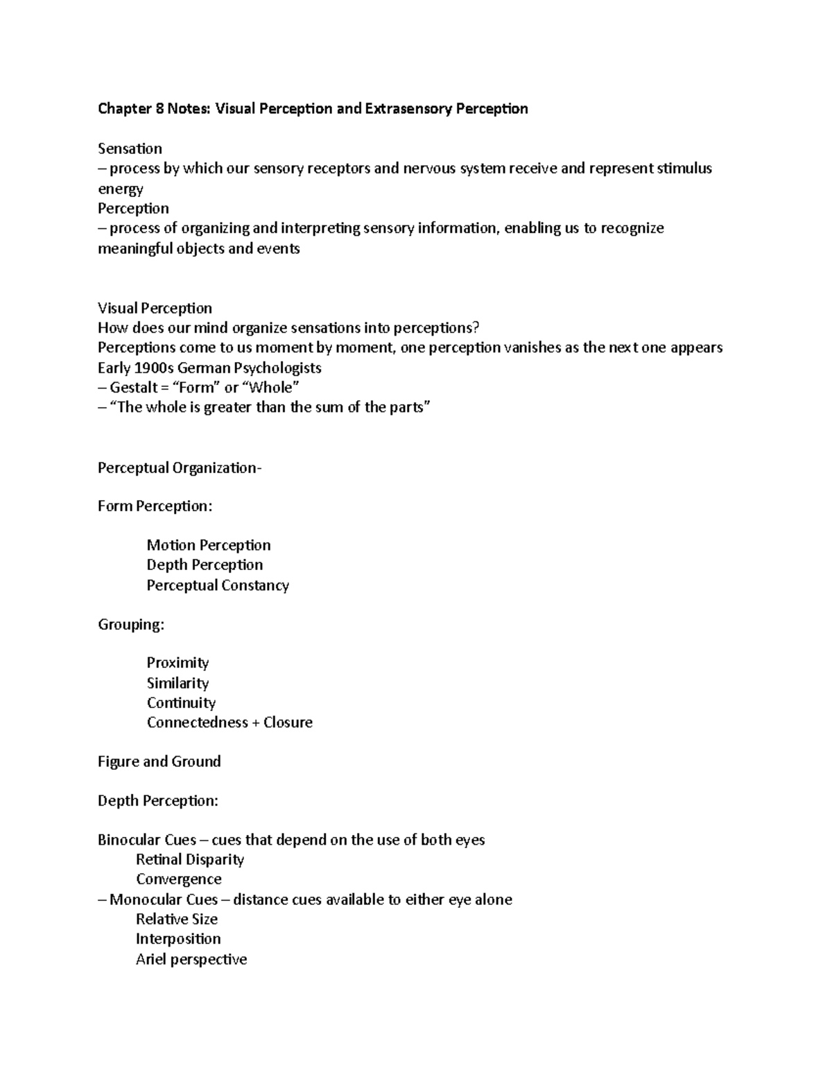 Chapter 8 notes - Chapter 8 Notes: Visual Perception and Extrasensory ...