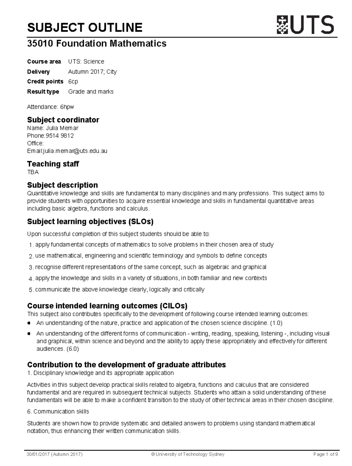 Sub outline math - SUBJECT OUTLINE 35010 Foundation Mathematics Course ...