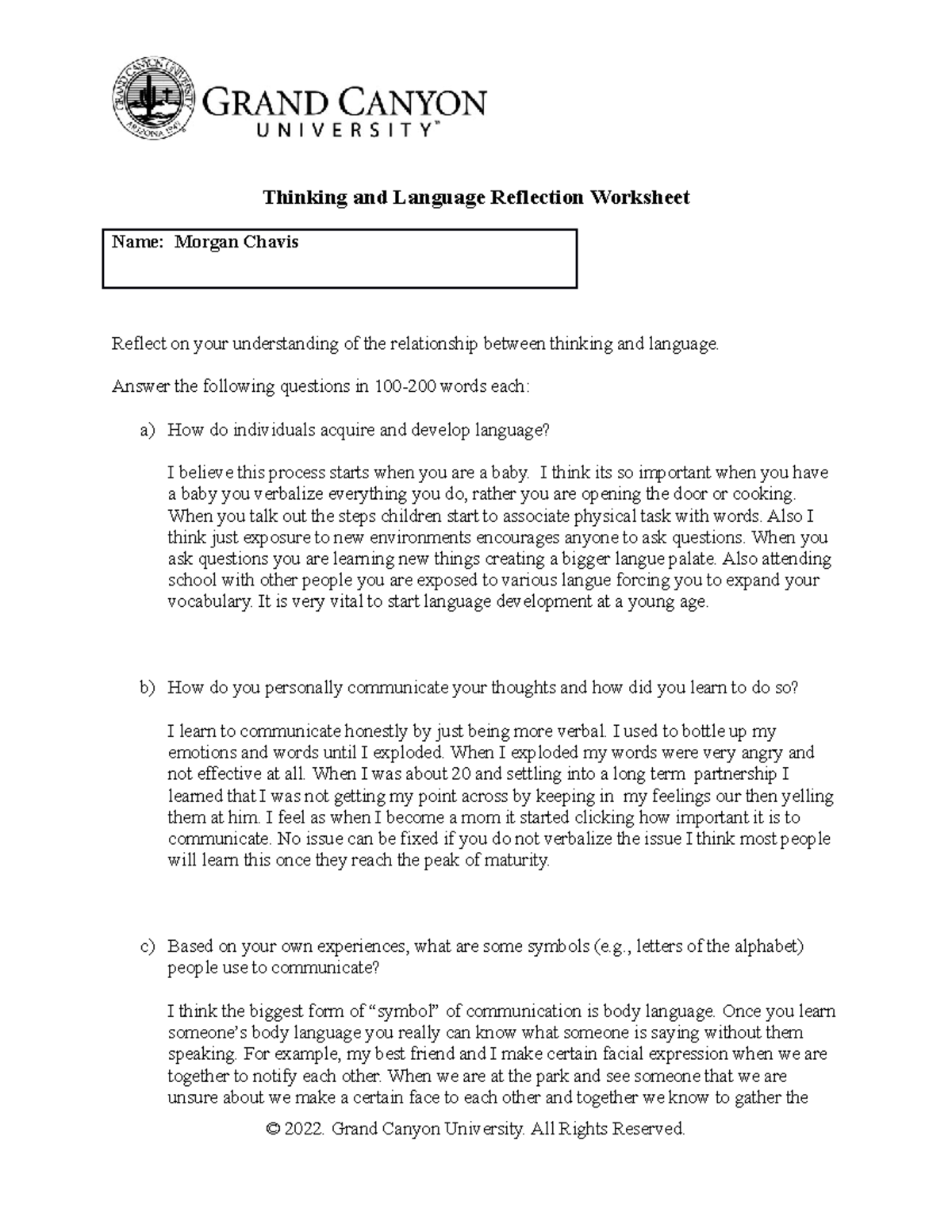 Thinkingand Language Reflection Worksheet - Thinking and Language ...