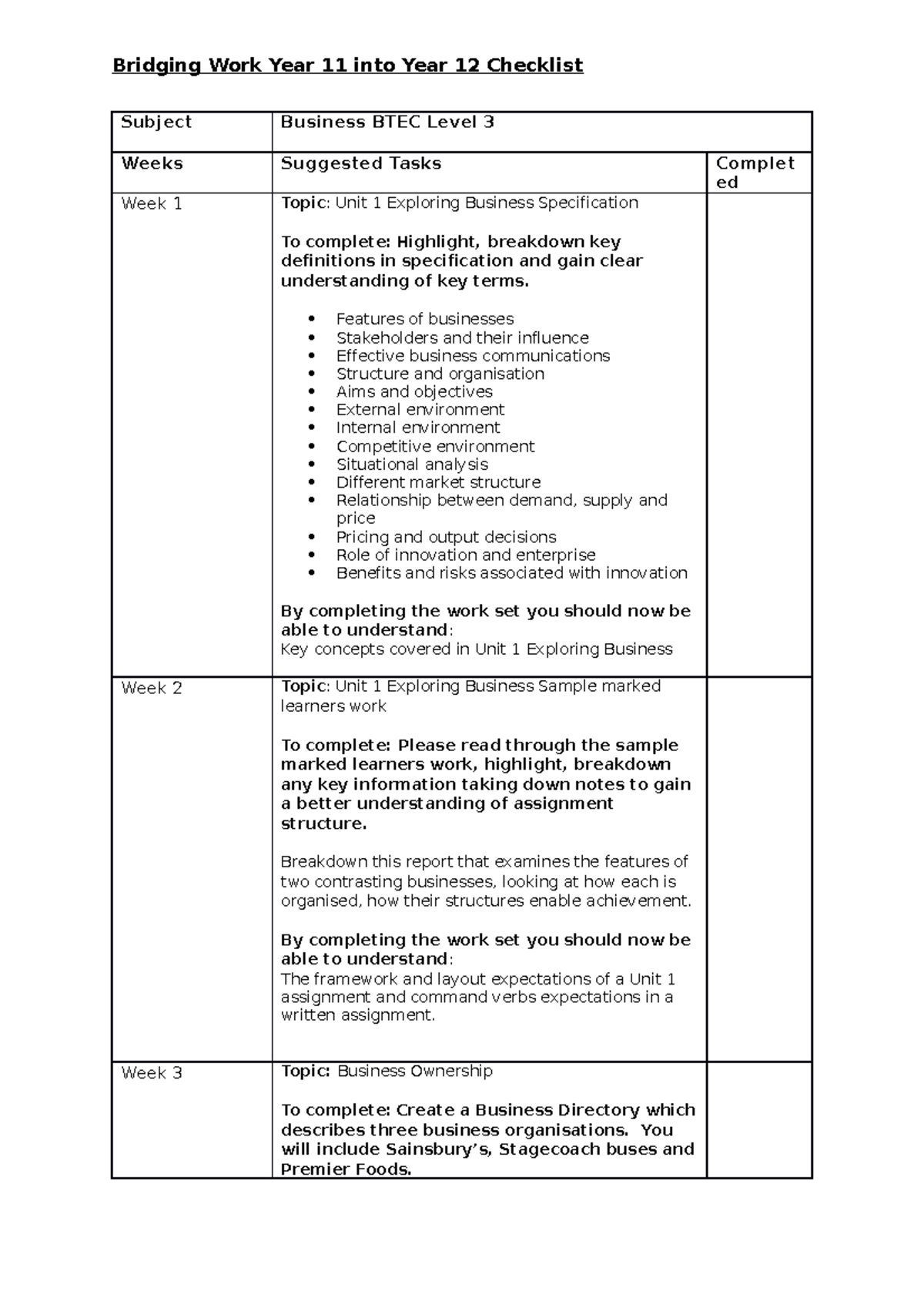 Y11 into y12 checklist business - Subject Business BTEC Level 3 Weeks ...