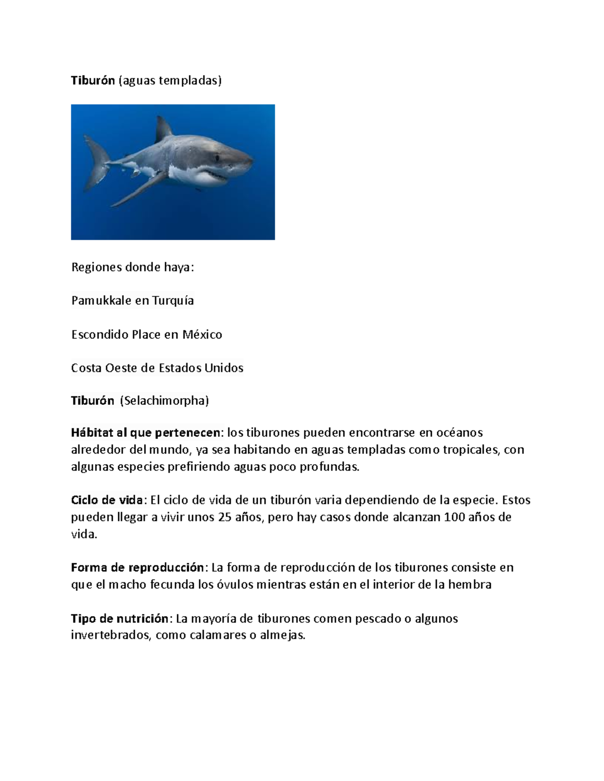 Ciencias de la vida- Evidencia 2 - Tiburón (aguas templadas) Regiones ...