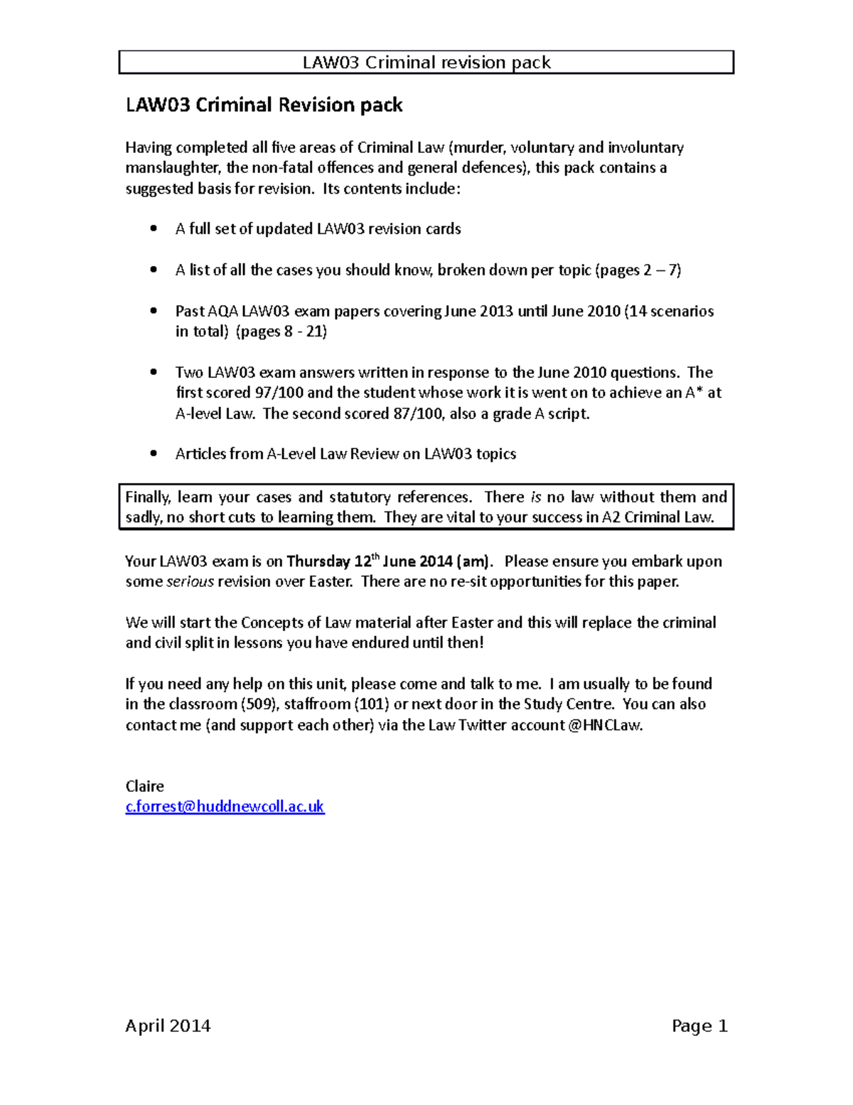 LAW03 revision pack - LAW03 Criminal Revision pack Having completed all ...