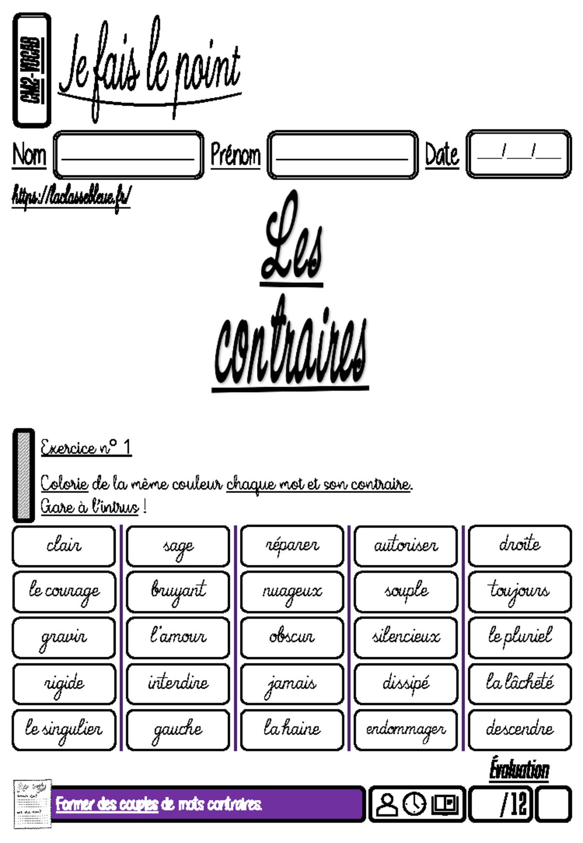 les contraires cm2 2 4 - //___ Exercice n° 1 Colorie de la même couleur ...