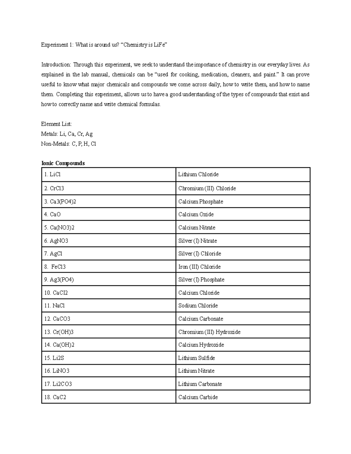 CHEM106 - Experiment 1 - What is around us “Chemistry is Li Fe ...