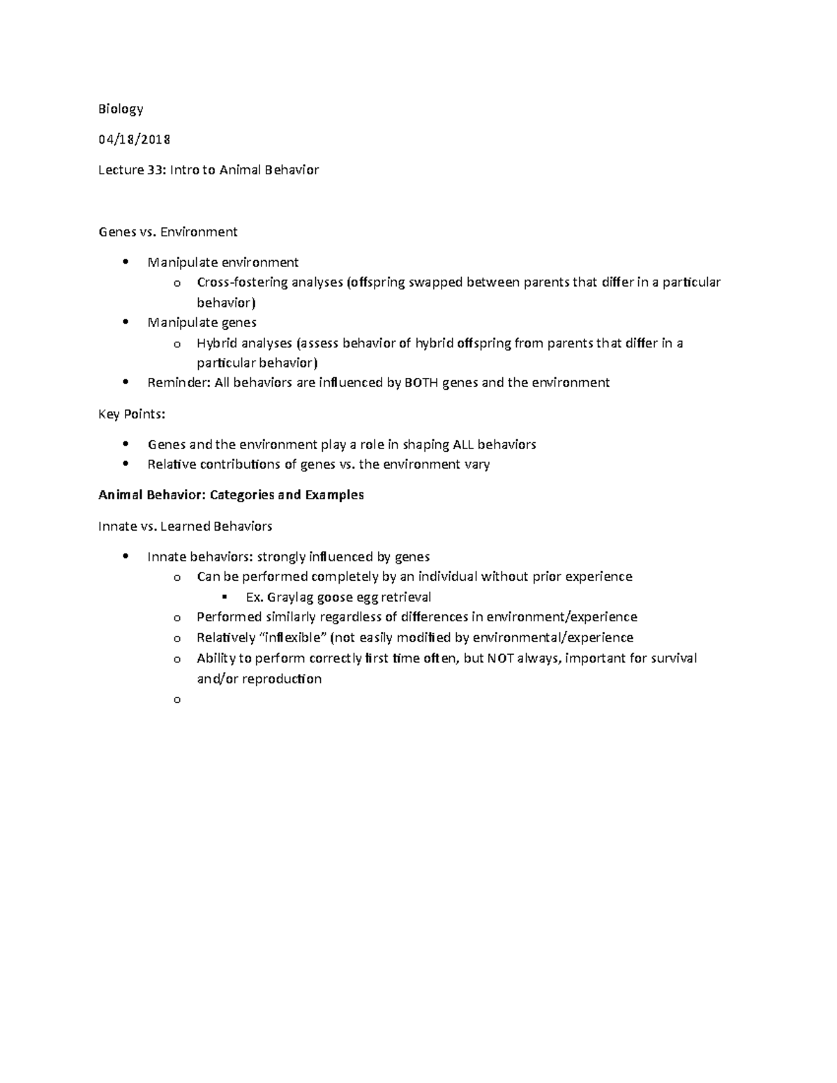 Lecture 33 Intro to Animal Behavior - Biology 04/18/ Lecture 33: Intro ...