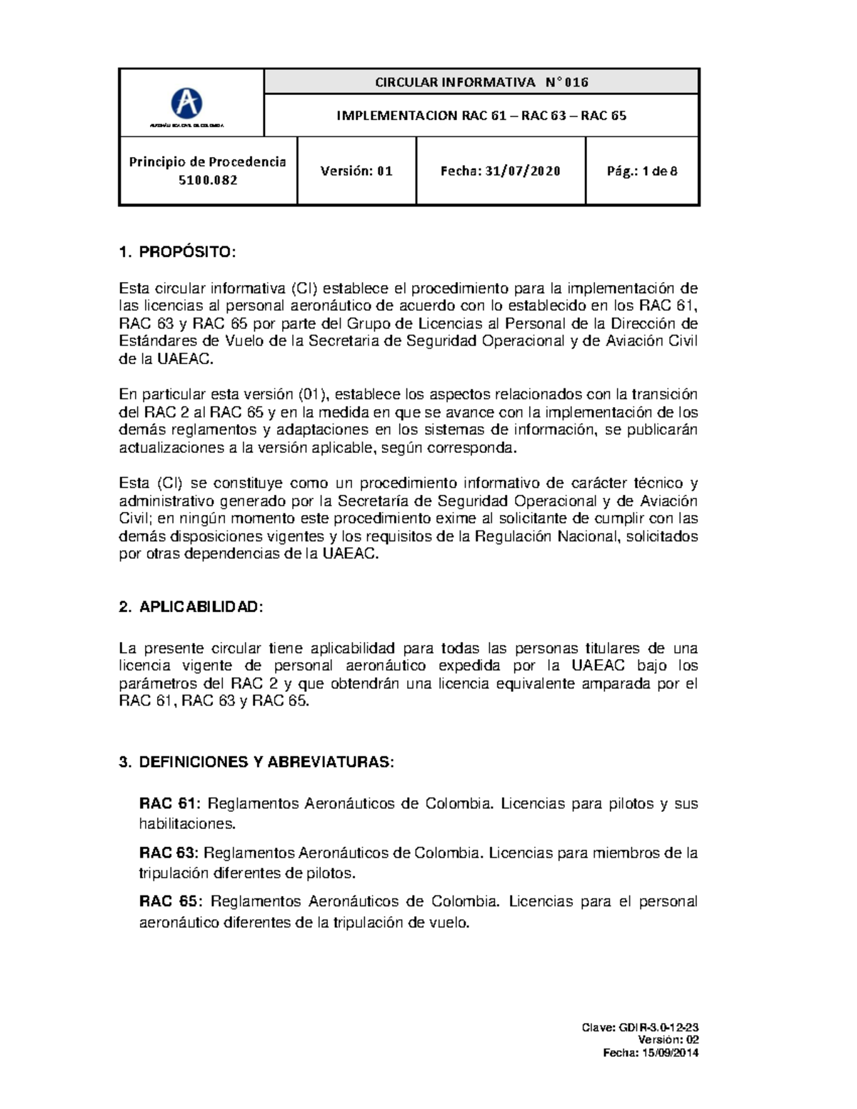 CI 5100-082-016 Implementacion RAC 61 - RAC 63 - RAC 65 . 31 julio 2020 ...