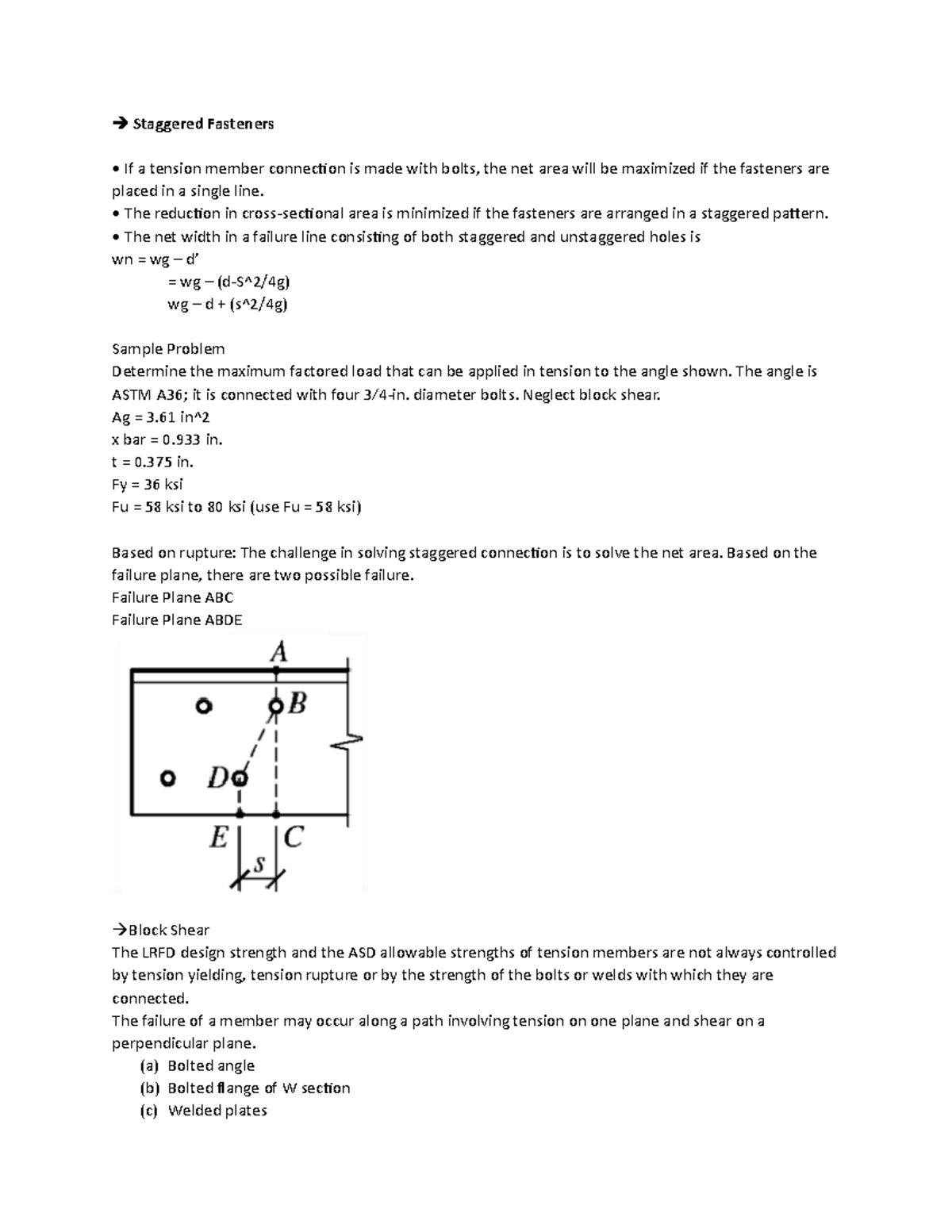 Staggered Fasteners - The reduction in cross-sectional area is ...