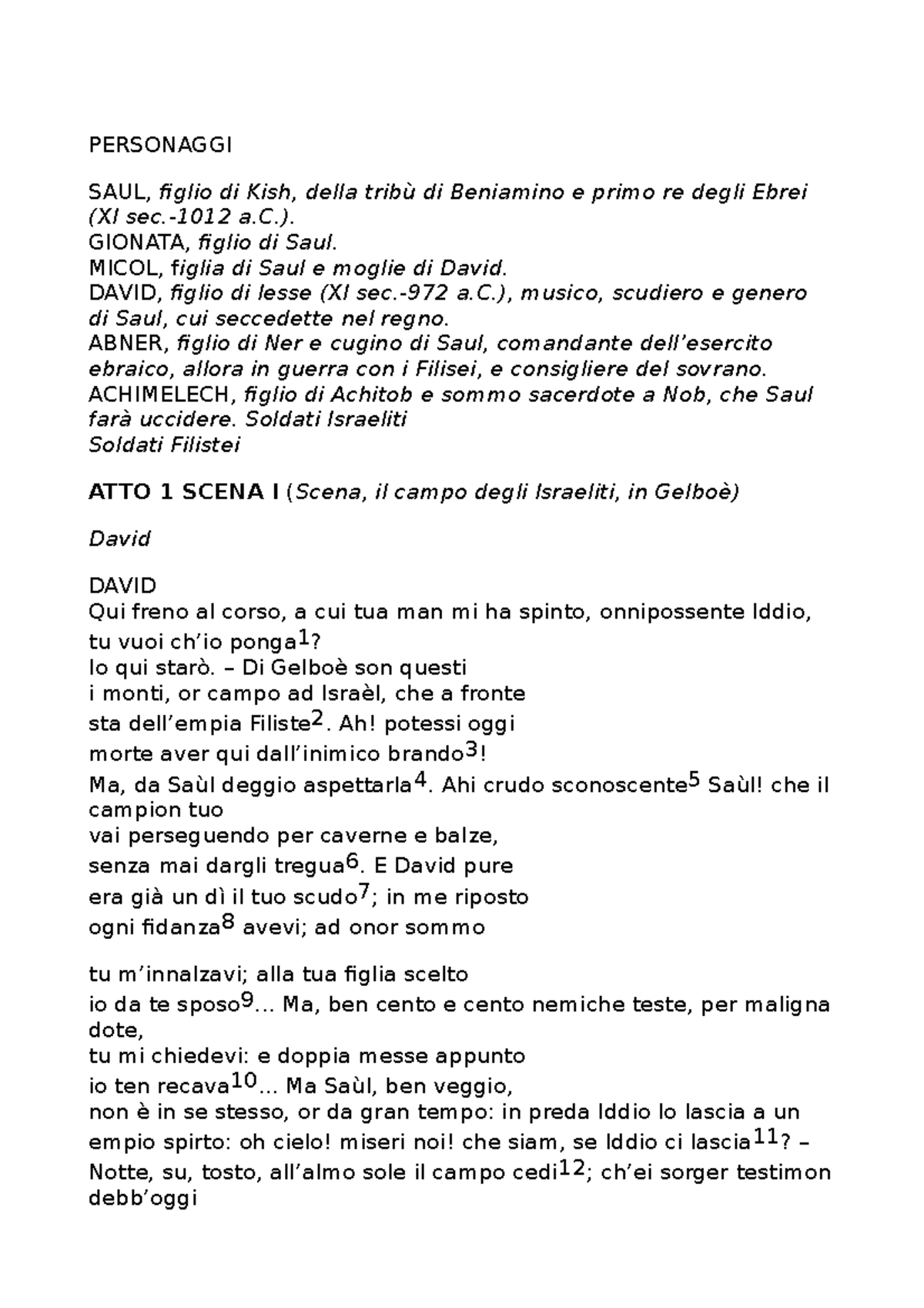 SAUL ATTO 1 Scena 1 Alfieri - PERSONAGGI SAUL, figlio di Kish, della ...