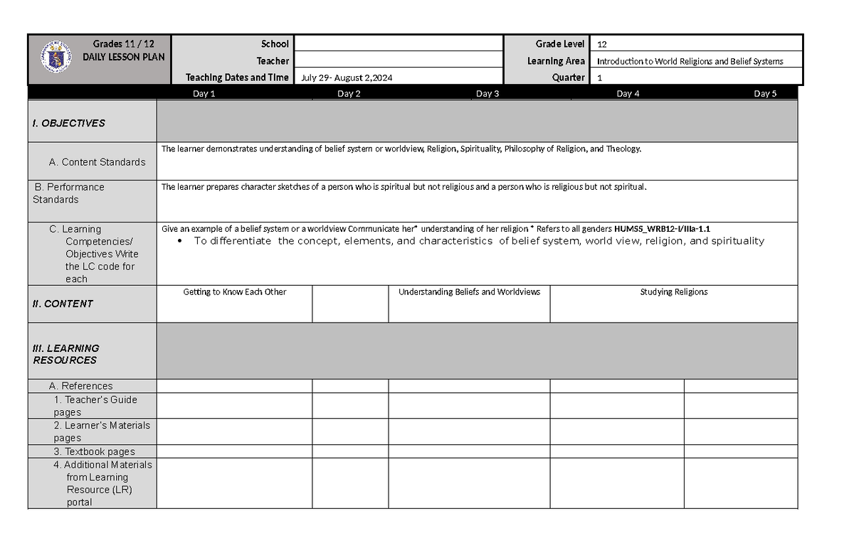 Intro to World Religon Week 1 - Day 1 Day 2 Day 3 Day 4 Day 5 I ...