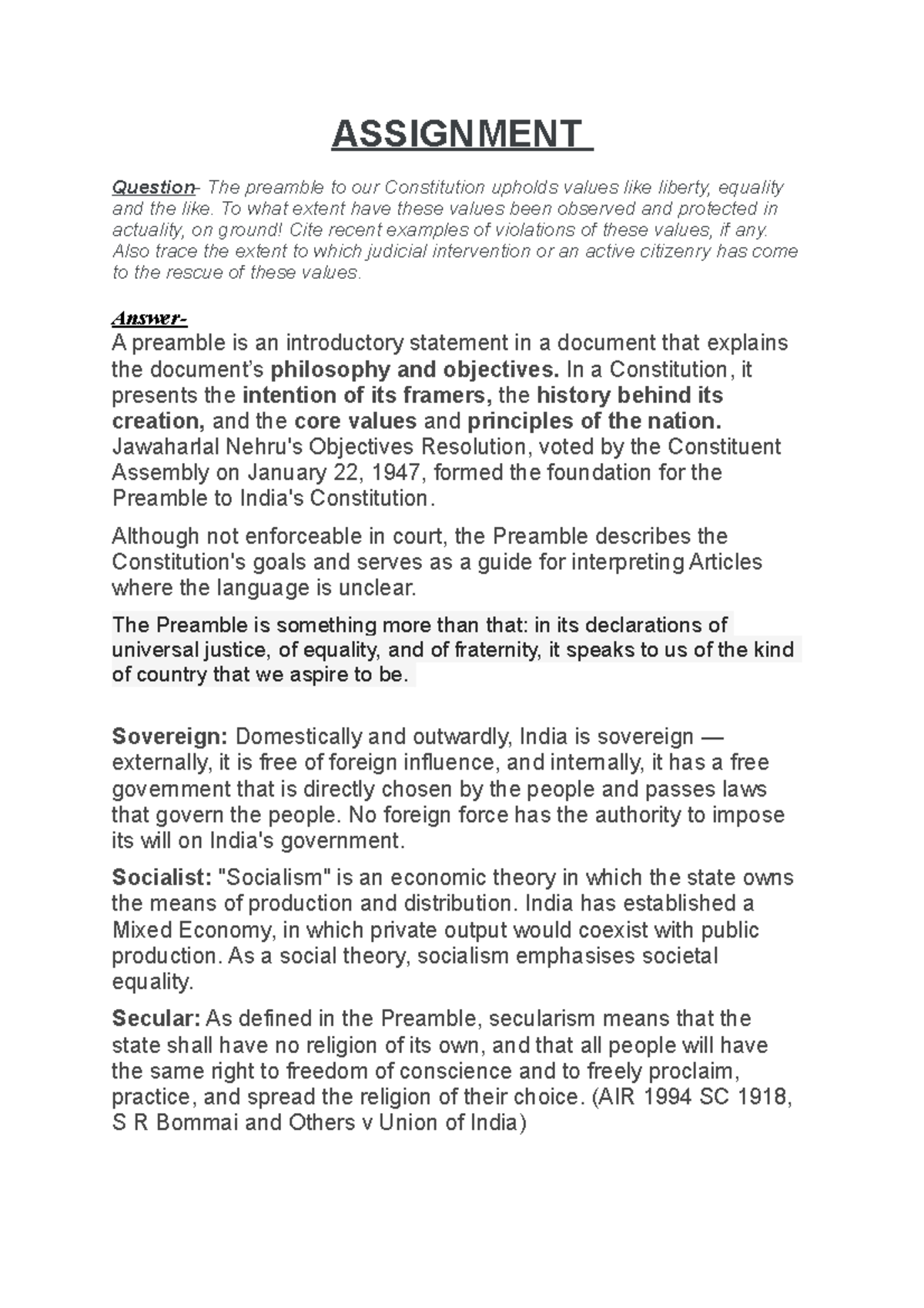 Cgdi Assignment - ASSIGNMENT Question- The preamble to our Constitution ...