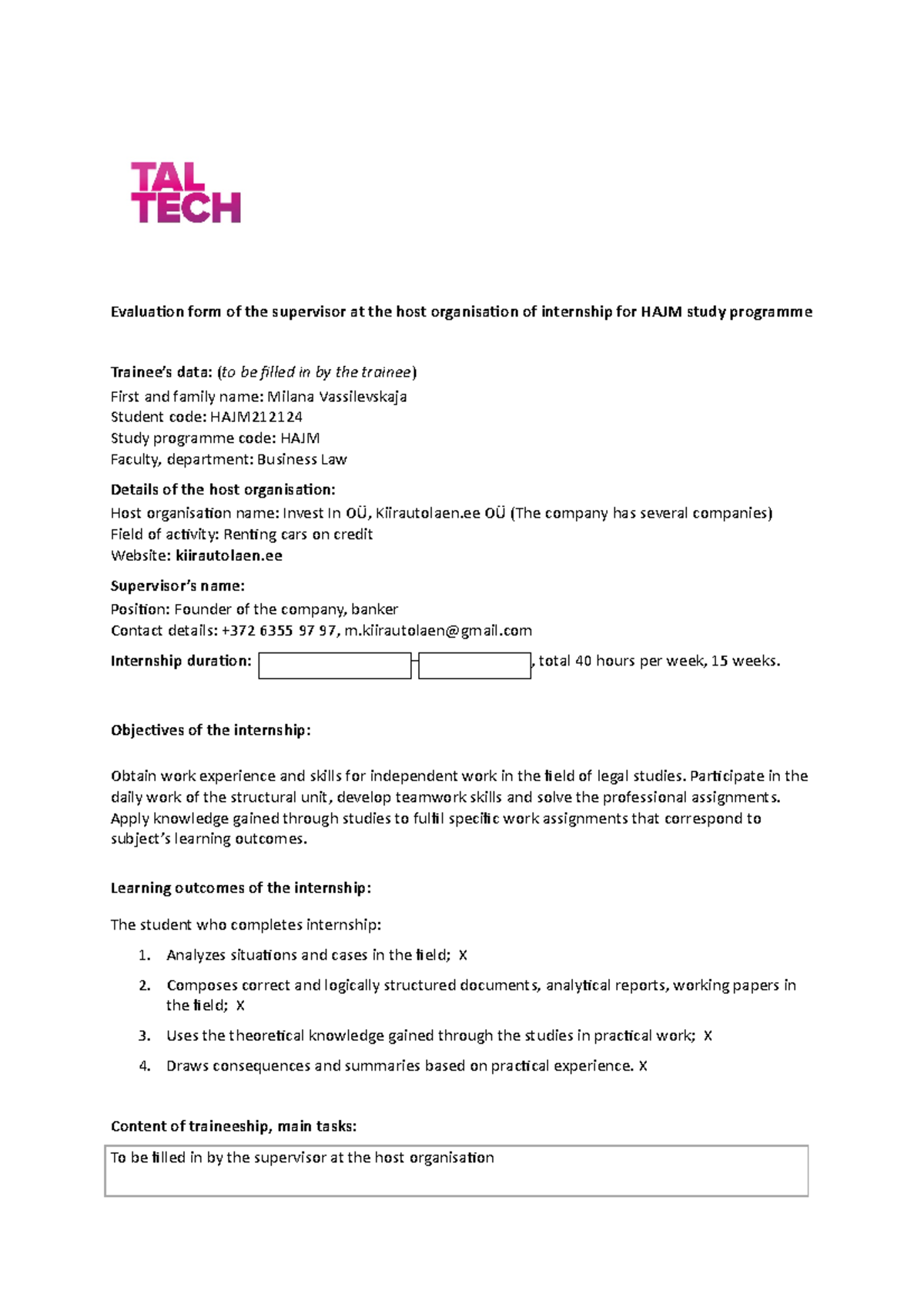 Evaluation form of the supervisor at the host organisation of ...