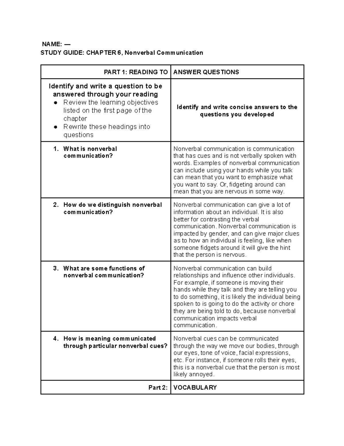 Ch. 6 S.G. Communications - NAME: — STUDY GUIDE: CHAPTER 6, Nonverbal ...