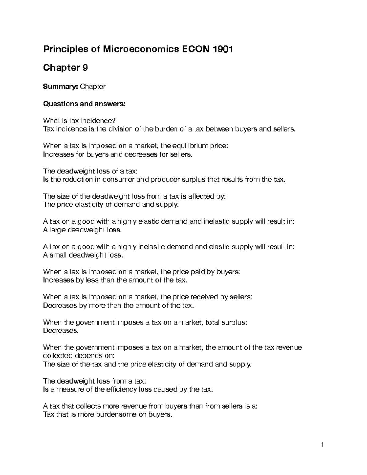 ECON 1901 - Chapter 9 - Principles of Microeconomics ECON 1901 Chapter 9 Summary: Chapter ...