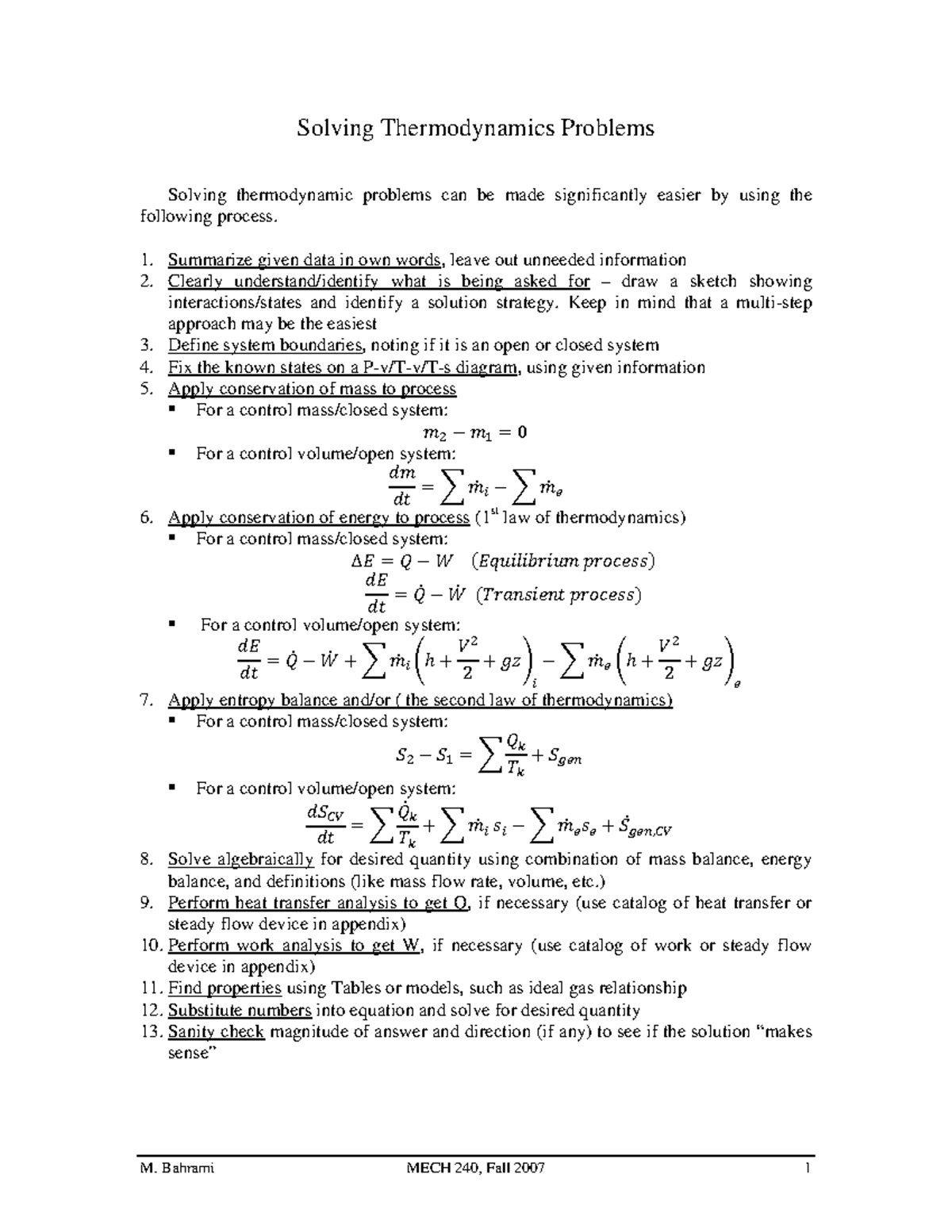 Summary Thermodynamics Problems - M. Bahrami MECH 240, Fall 2007 1 ...