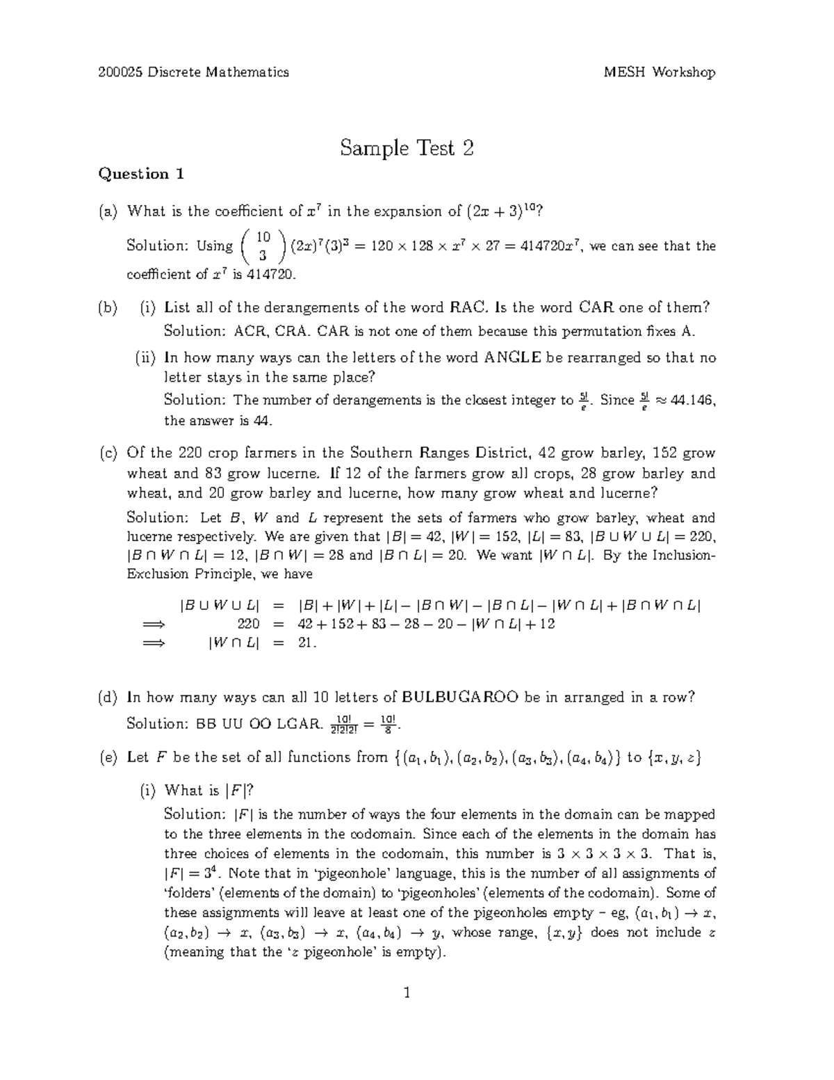Class Test 2 - questions and solutions - 200025 Discrete Mathematics ...
