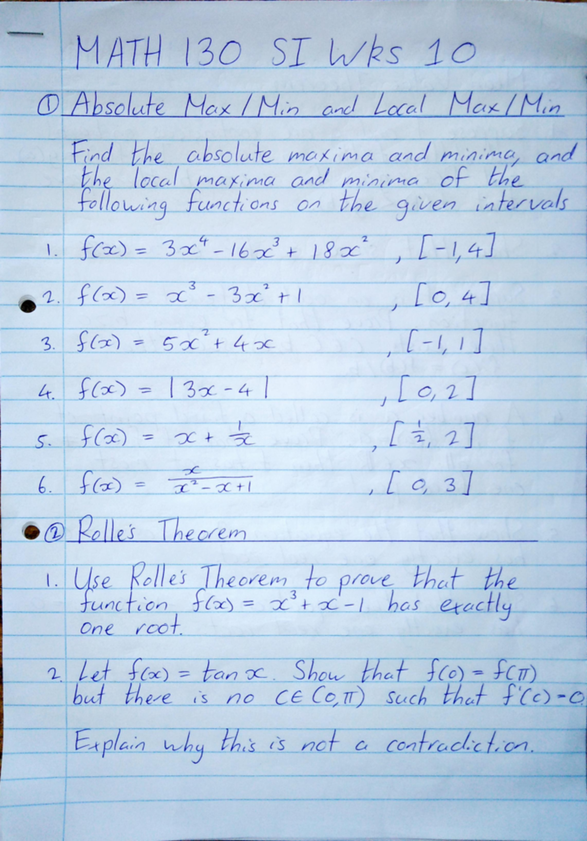 Math130 SI Worksheet 10 - MATH 130 SI Wks 10 I Absolute Max Min and ...