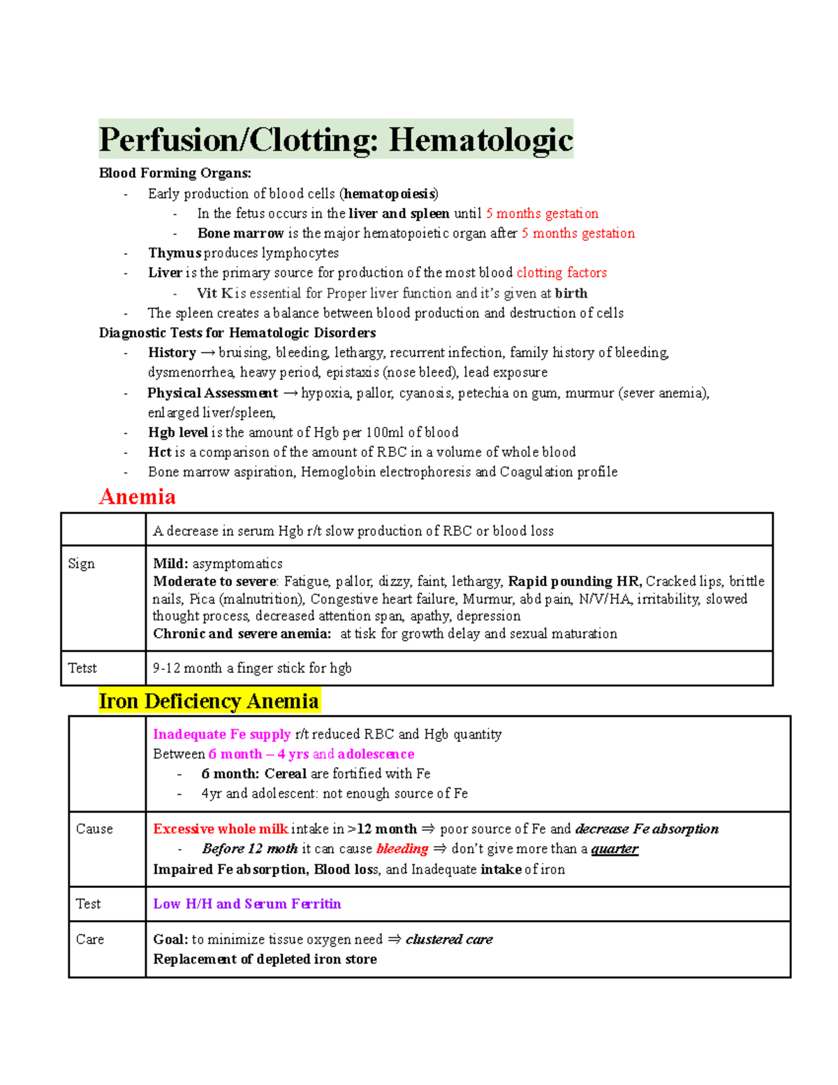 328 hemoglobin - peds - class lecture notes - Perfusion/Clotting ...