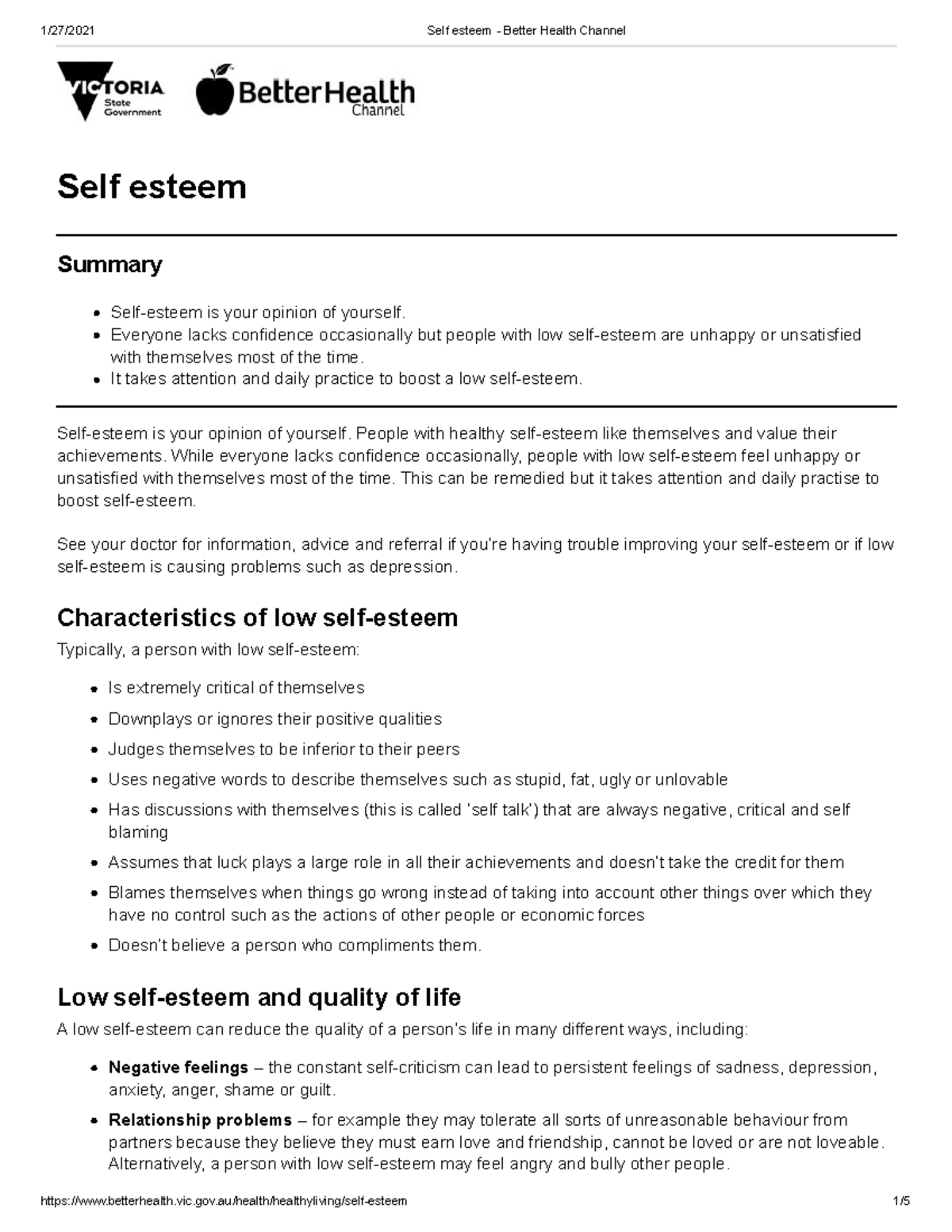 Self esteem BH Channel - Grade: 1 - Self esteem Summary Self-esteem is ...