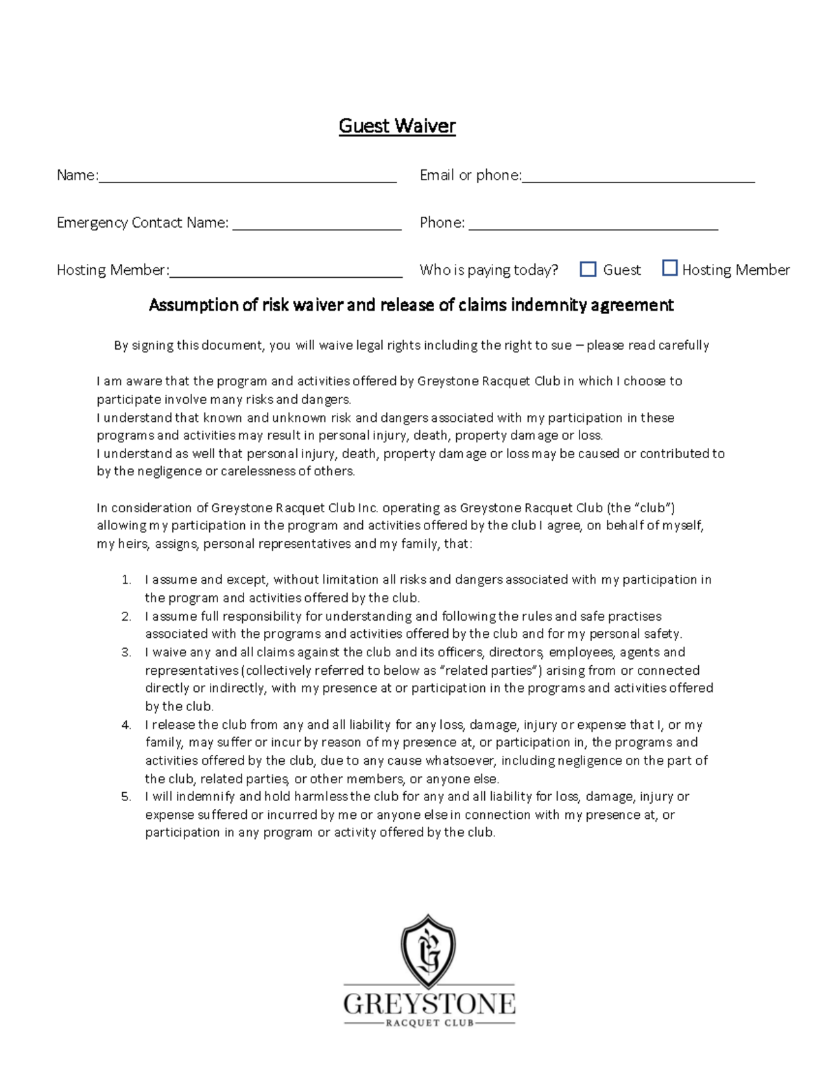 Greystone Guest Waiver 2022 - Guest Waiver Name ...