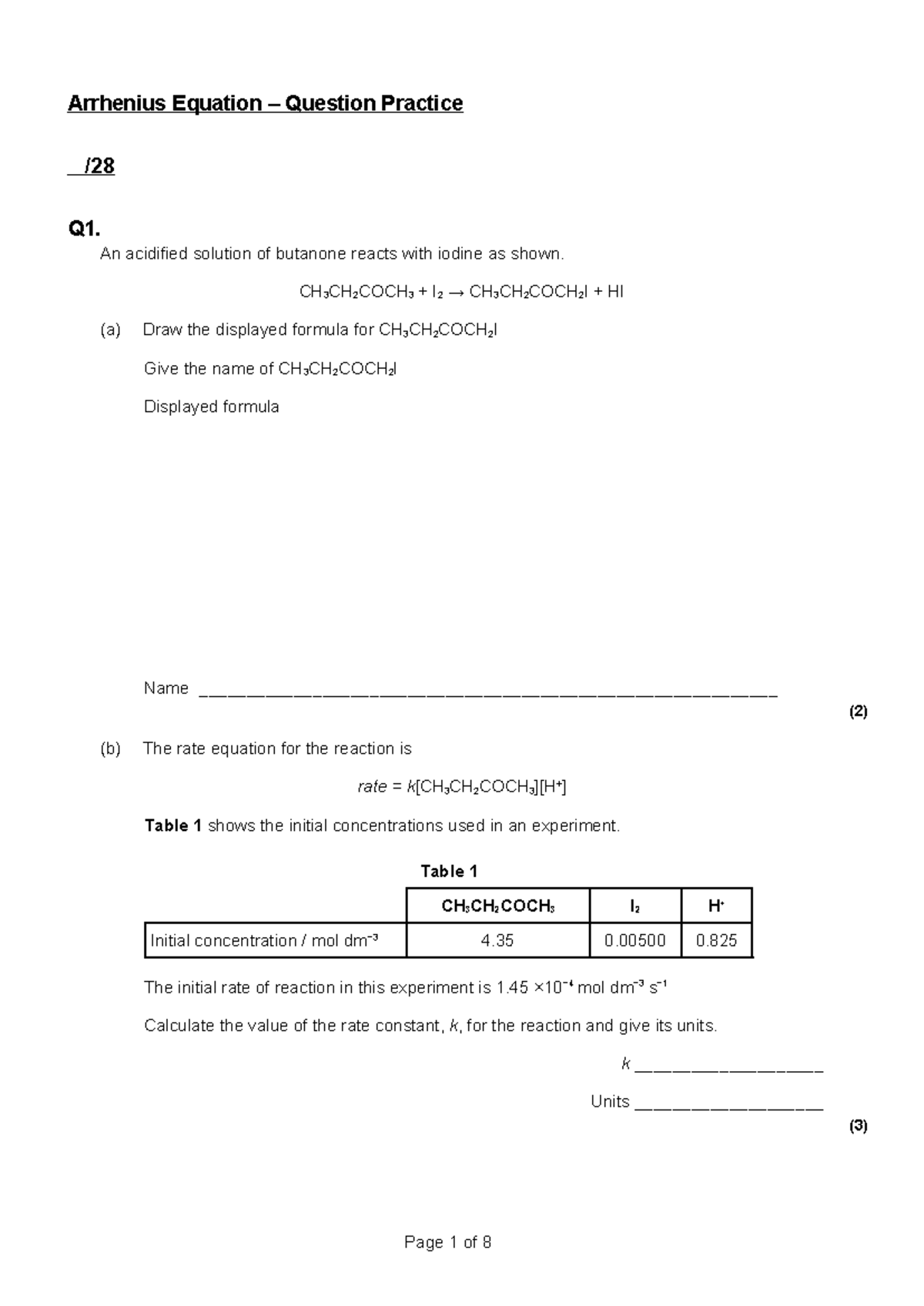 Arrhenius Part 2 Lesson QP - Arrhenius Equation – Question Practice ...