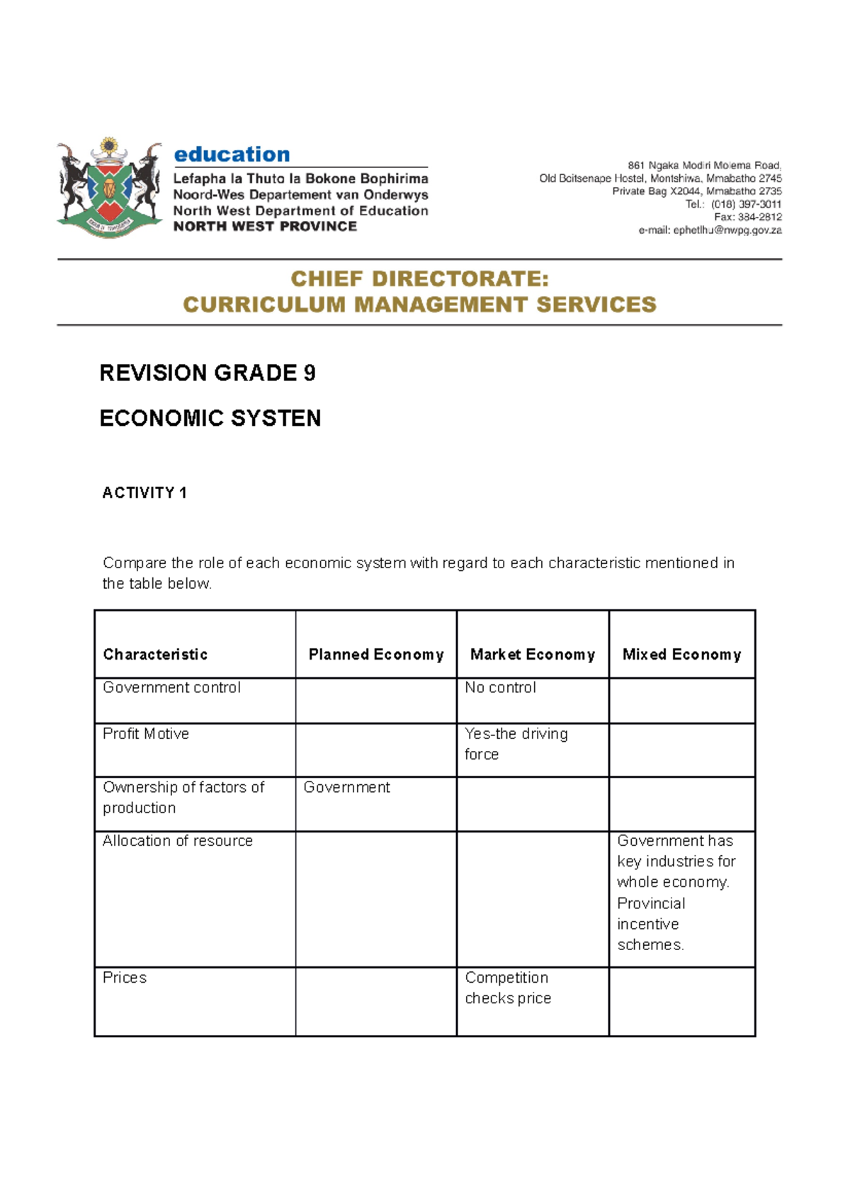 Economic System Revision Grade 9 REVISION GRADE 9 ECONOMIC SYSTEN