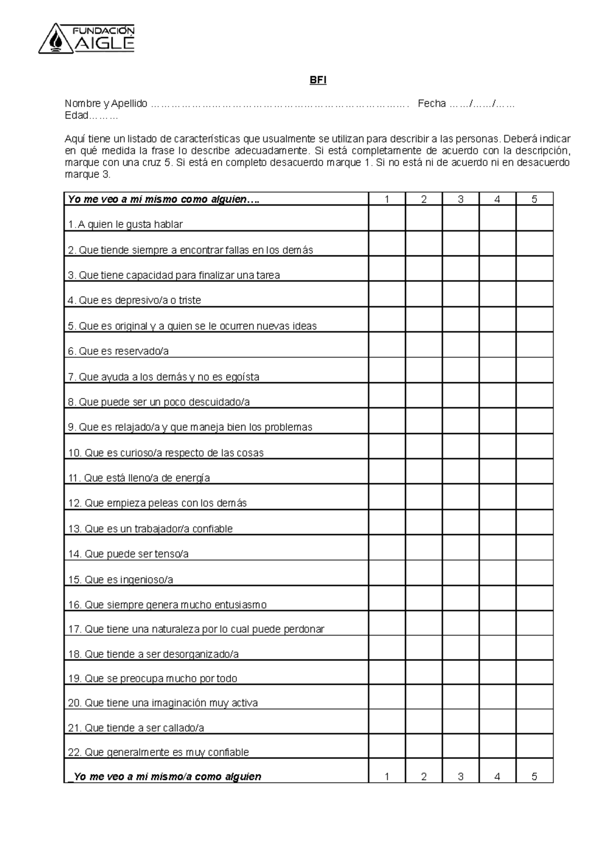 BFI - Big Five Inventory Protocolo - BFI Nombre y Apellido - Studocu