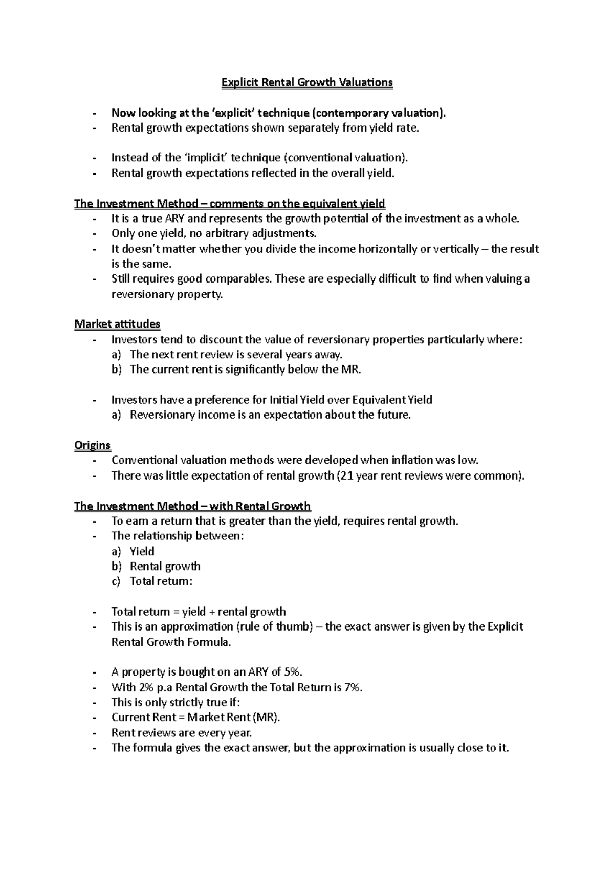 Explicit Rental Growth Valuations - Rental growth expectations shown ...