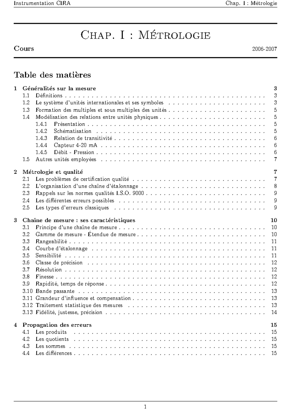 CIRA1 - 1) Metrologie - très bon support - Chap. I : M ́etrologie Cours ...