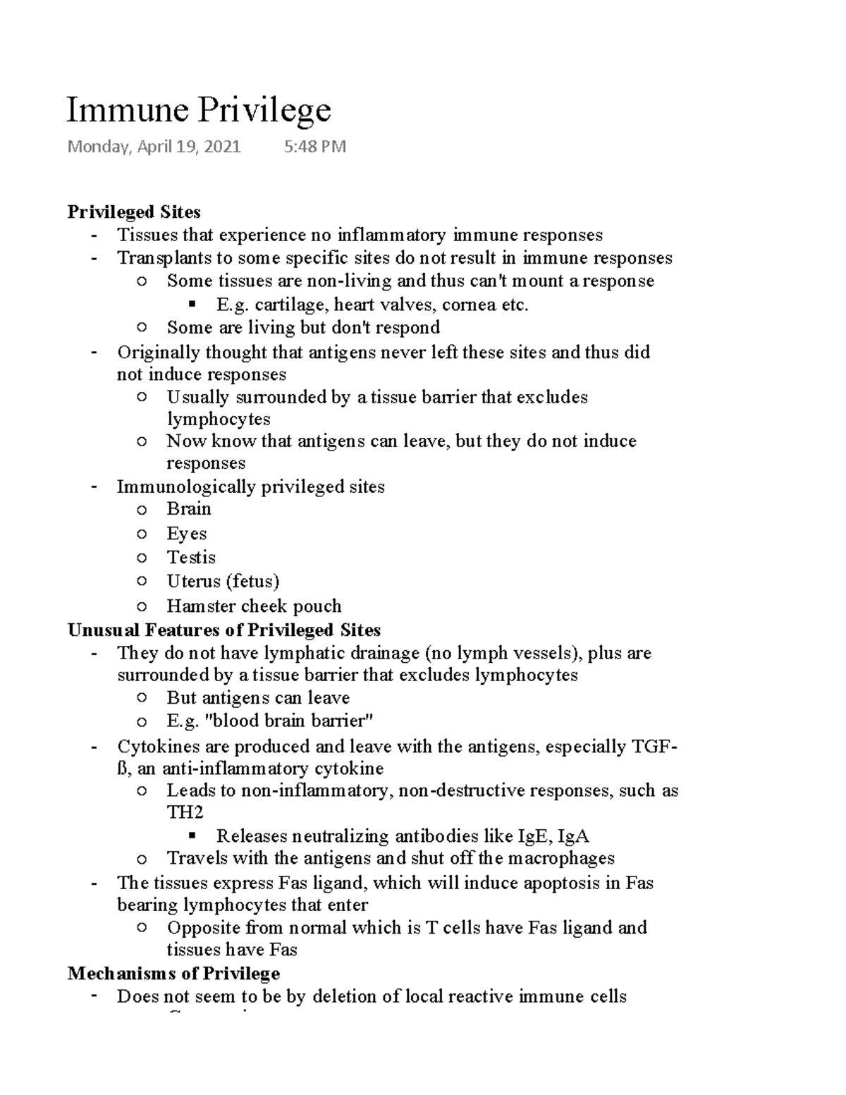 Immune Privilege - NOTES - Privileged Sites - Tissues that experience ...