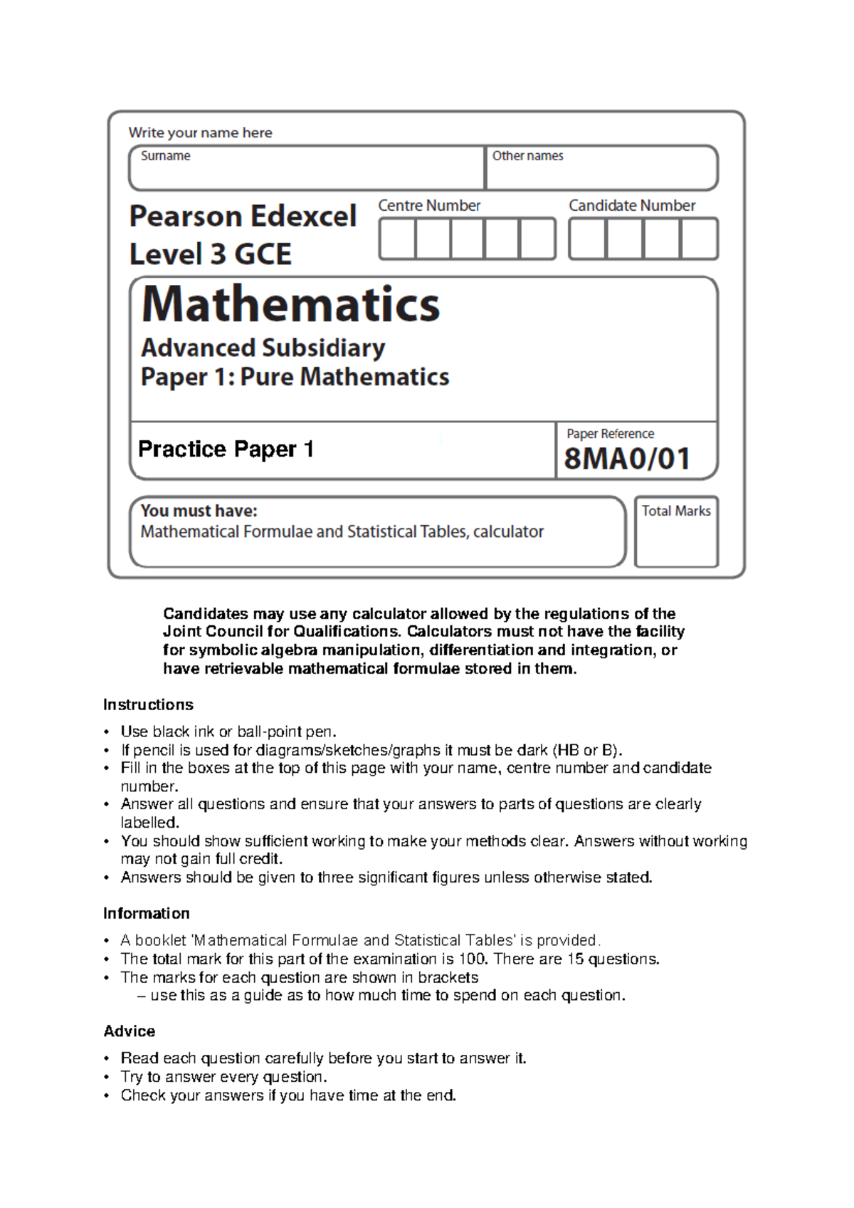 AS Pure Mathematics Textbook – Practice Paper 1 - Candidates may use ...