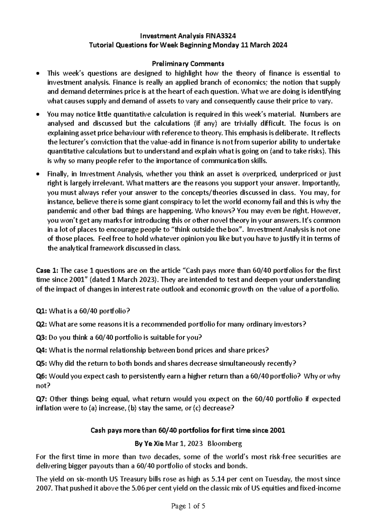 Wk2 Tutorial Questions FINA3324 2024 - Investment Analysis FINA ...