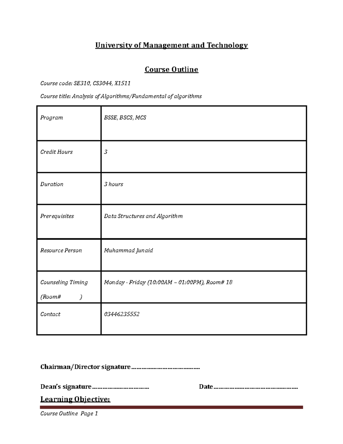 Analysis of Algorithms - University of Management and Technology Course ...