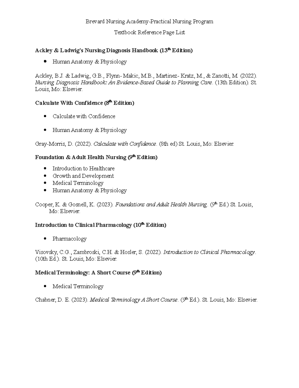 Practical Nursing-Textbook Reference Page List - Brevard Nursing ...