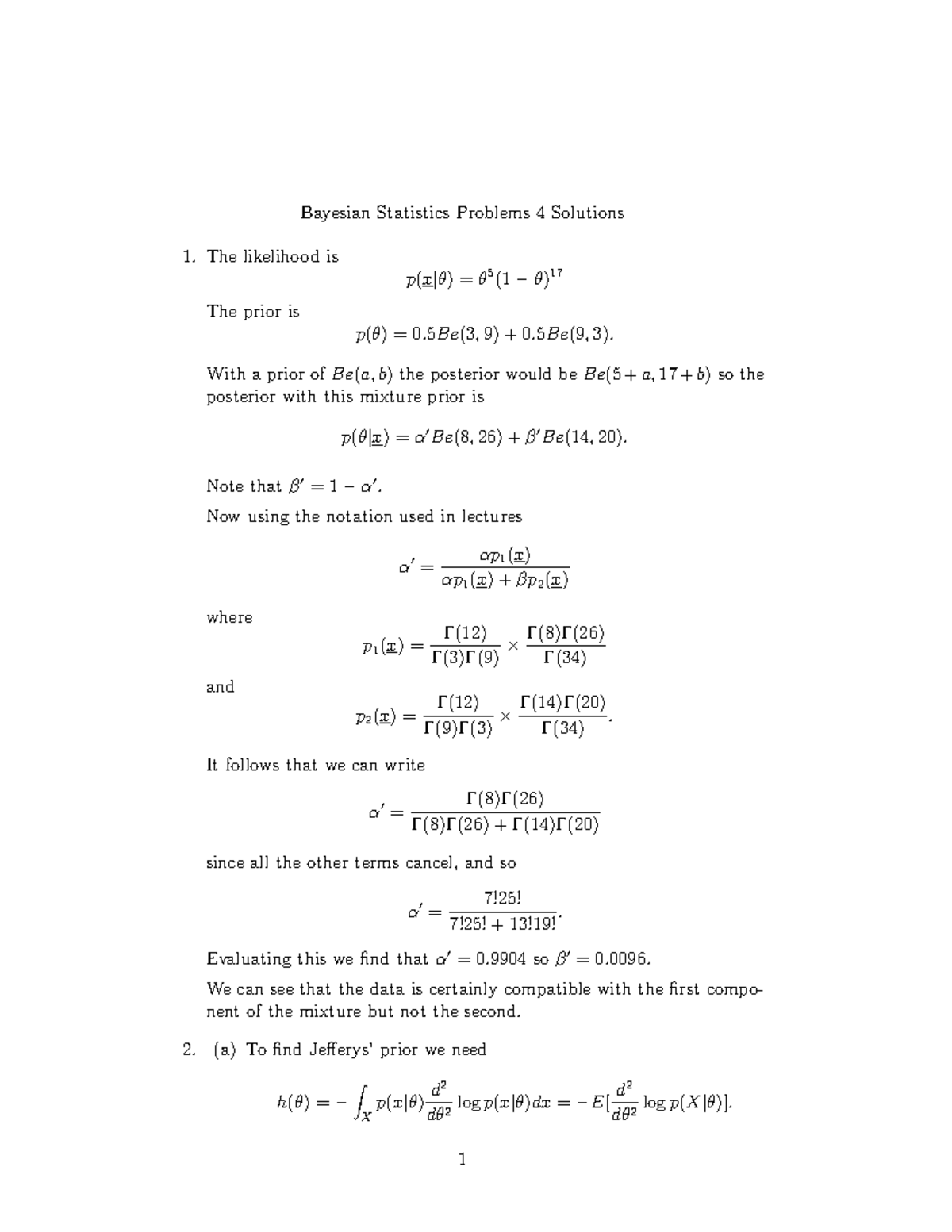 Problems 4 Solutions - 2020/21 - Bayesian Statistics Problems 4 ...