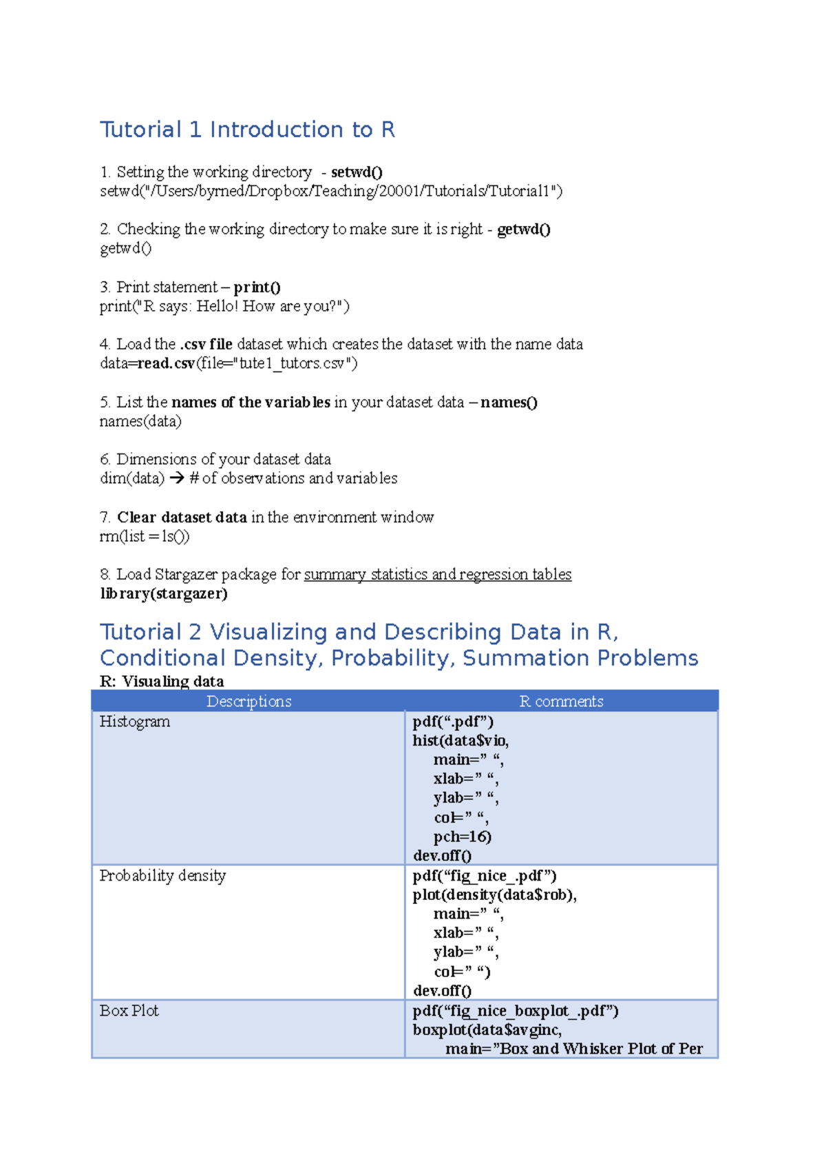 Ecom Tut Summary Tutorial Answer Tutorial 1 Introduction To R Setting The Working Directory