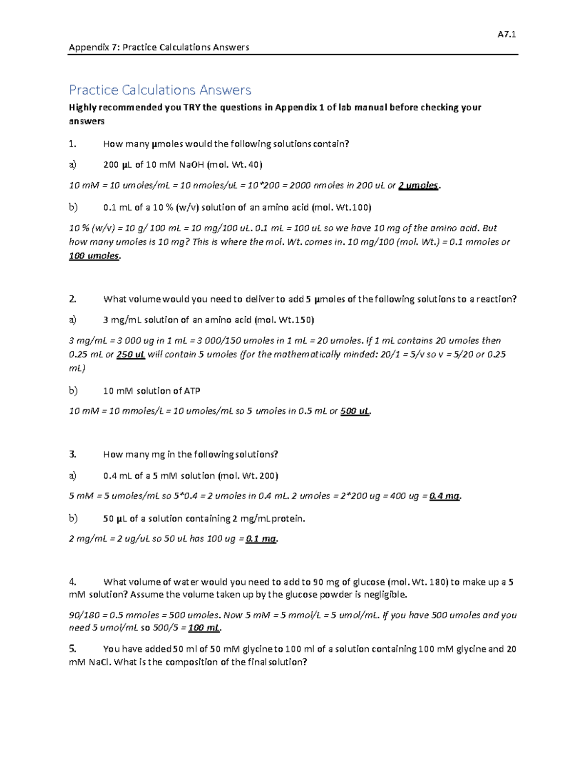Practice Calculations Answers - Appendix 7: Practice Calculations ...