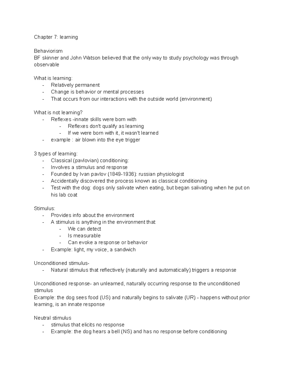 Psych 121 notes - Chapter 7: learning Behaviorism BF skinner and John ...