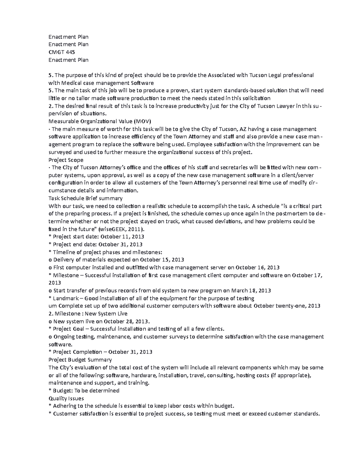 CMGT 445 Implementation Plan1 - Enactment Plan Enactment Plan CMGT 445 ...