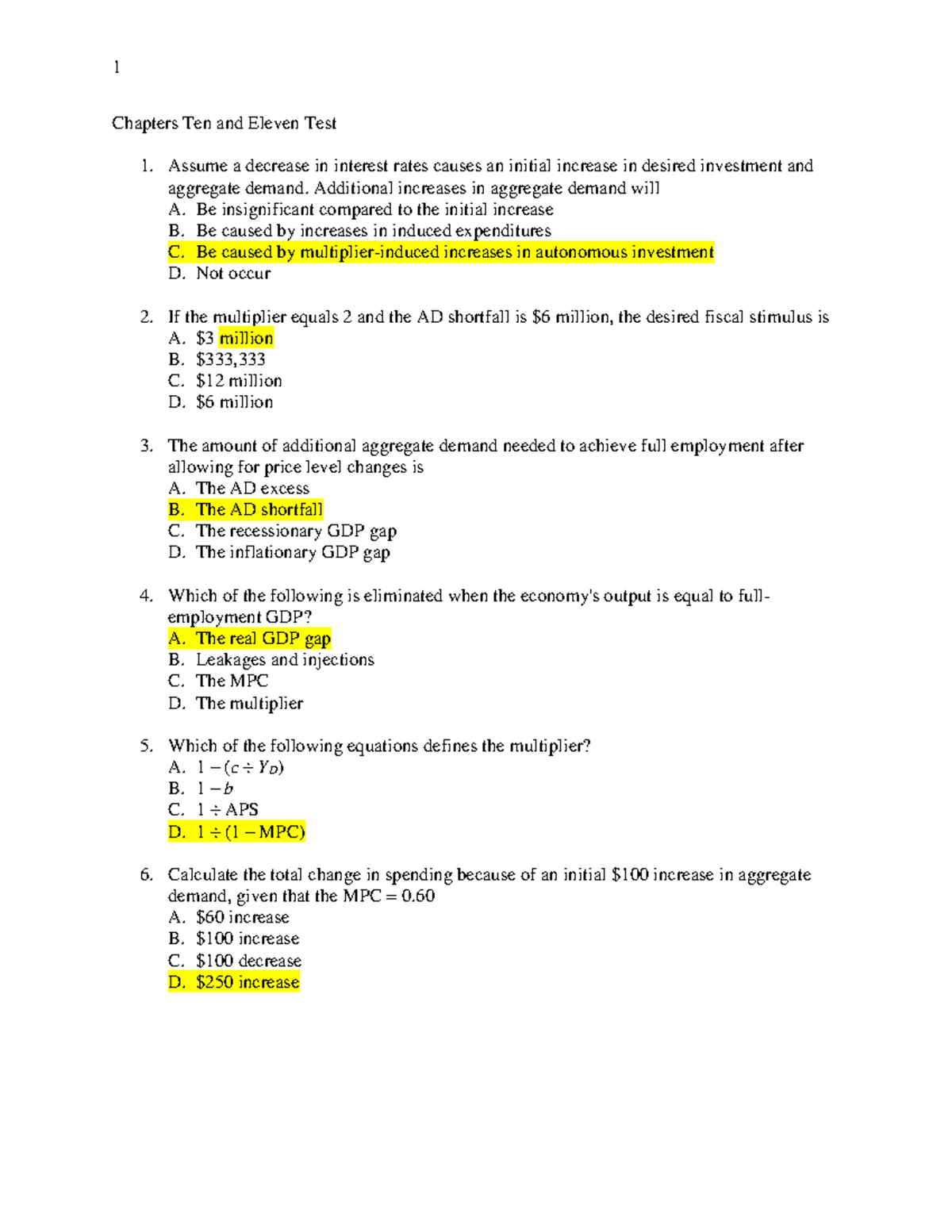 Chapters Ten and Eleven Test - Assume a decrease in interest rates ...