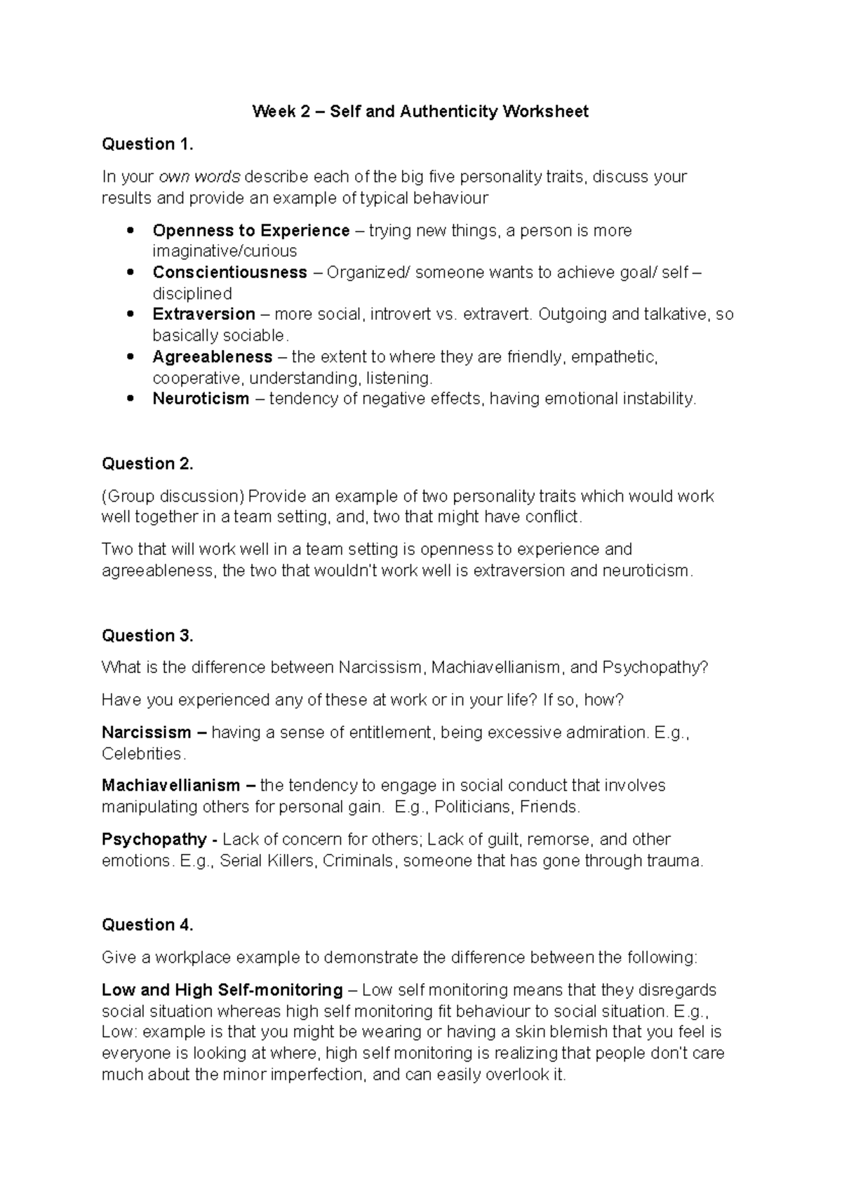 Week 2 worksheet self and authenticity MGF2111 S1 2024 - Week 2 – Self ...