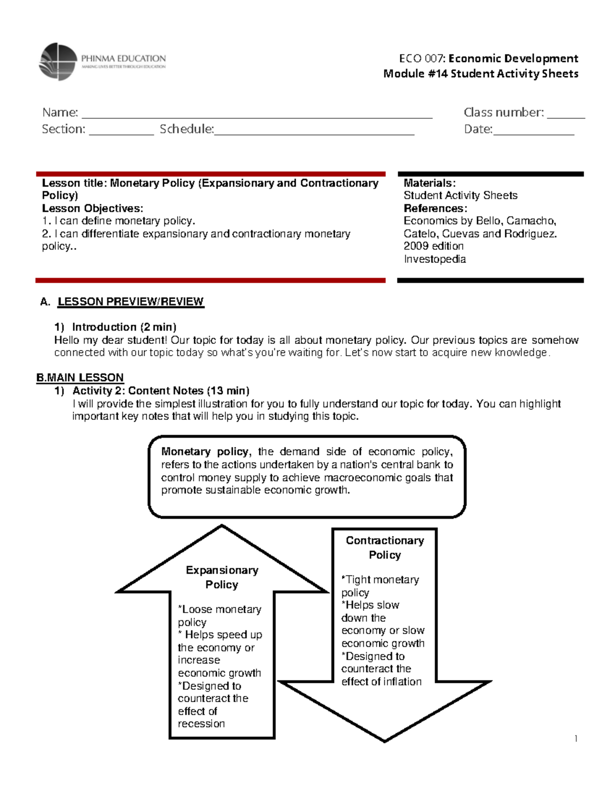 SAS#14-ECO007 - FOR ECO CLASS - Module #14 Student Activity Sheets Name ...